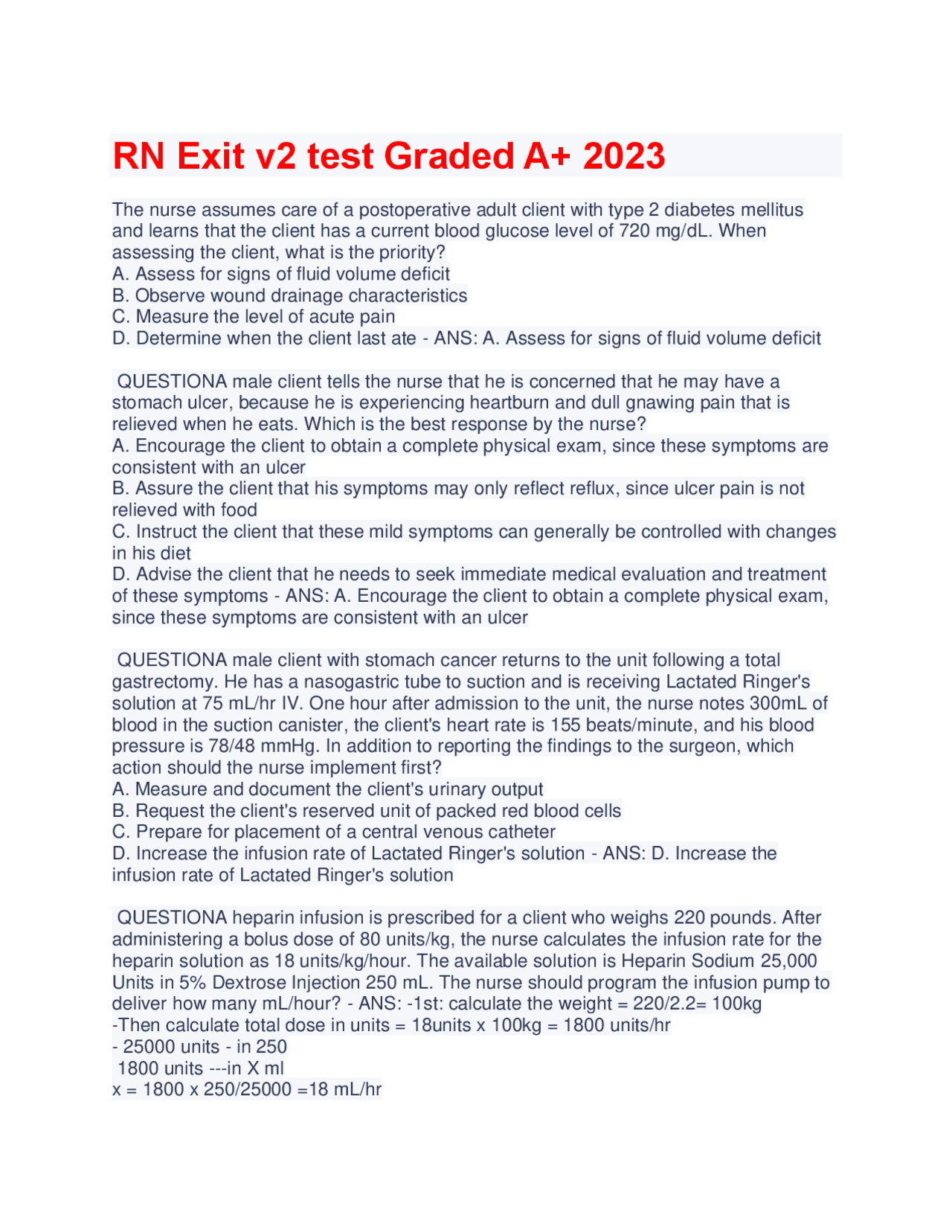 RN Exit v2 test Graded A+ 2023 | Exams Nursing | Docsity