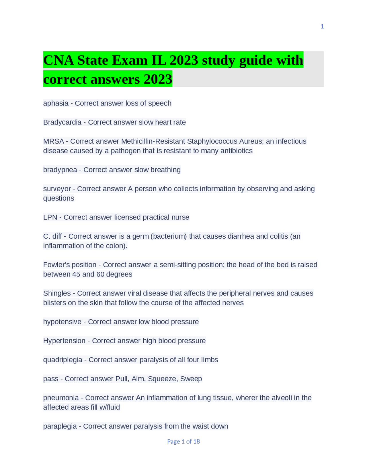 CNA State Exam IL 2023 study guide with correct answers 2023 | Exams ...