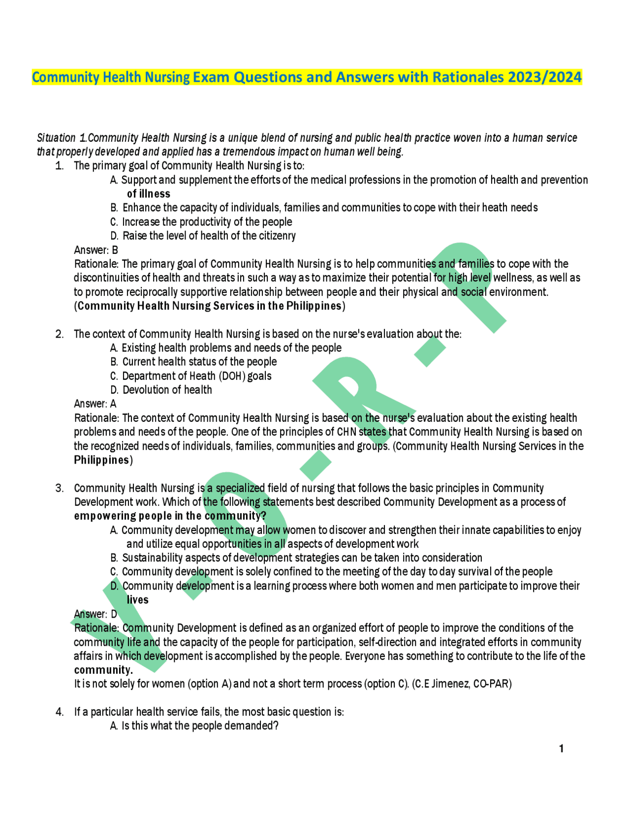 Community Health Nursing Exam Questions and Answers with Rationales ...