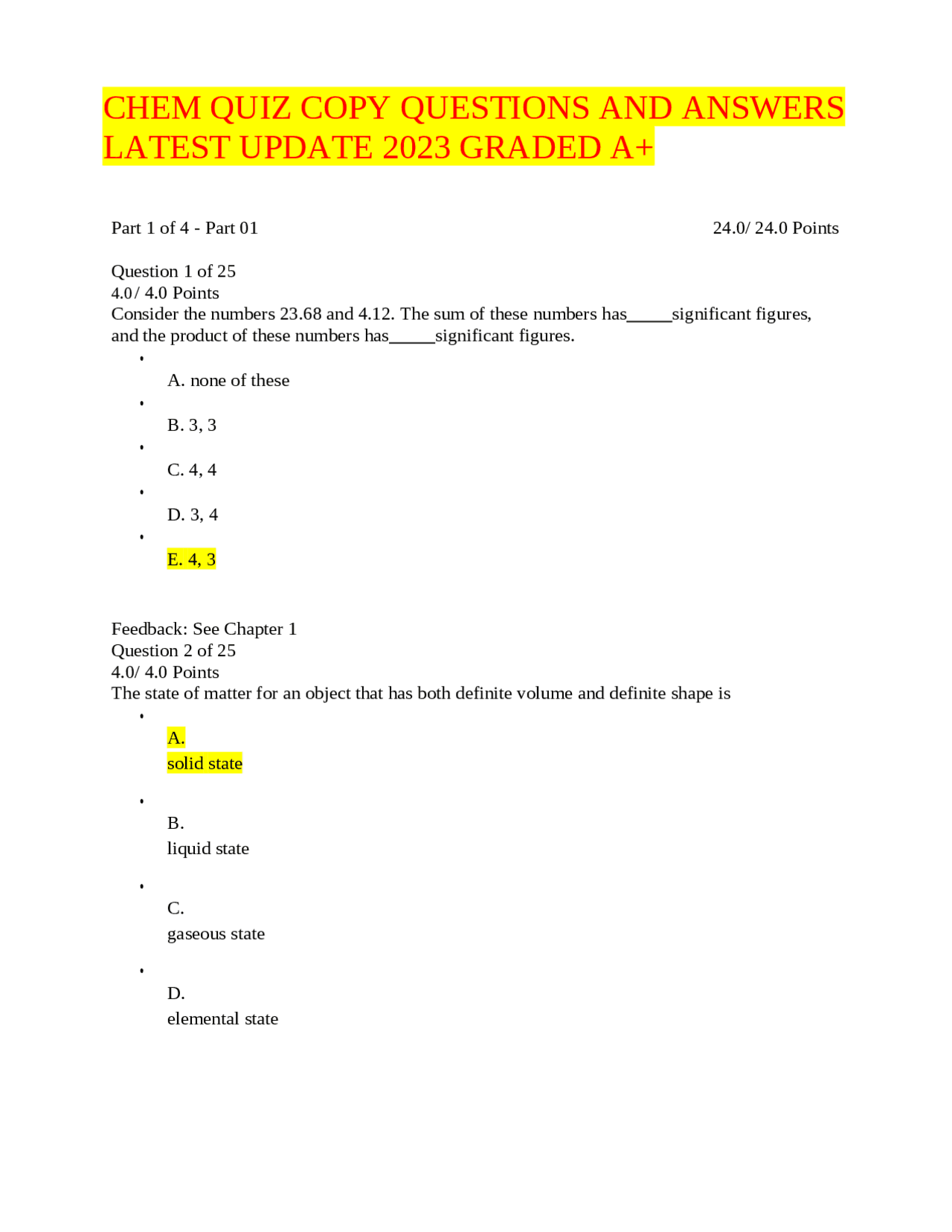CHEM QUIZ COPY QUESTIONS AND ANSWERS LATEST UPDATE 2023 GRADED A+ ...