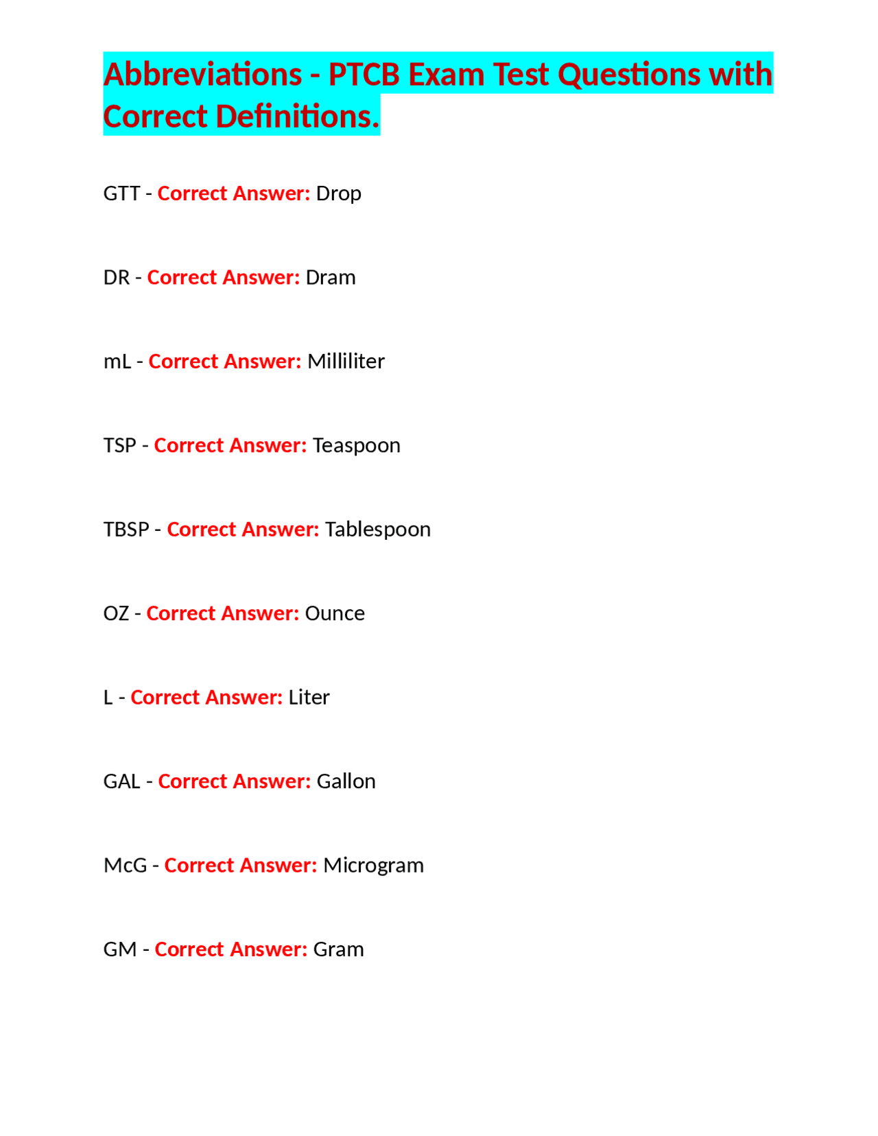 Abbreviations - PTCB Exam Test Questions with Correct Definitions ...