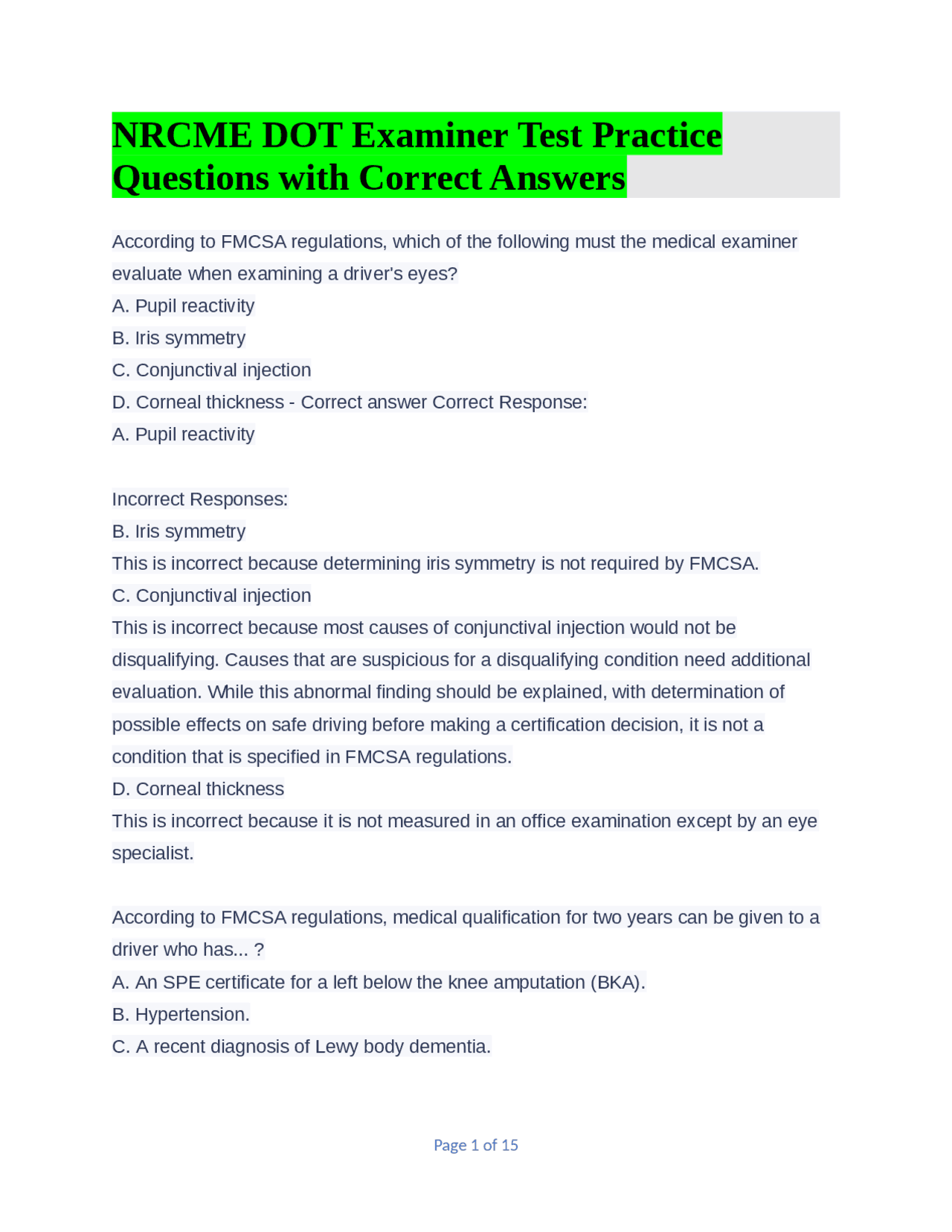 NRCME DOT Examiner Test Practice Questions with Correct Answers | Exams ...