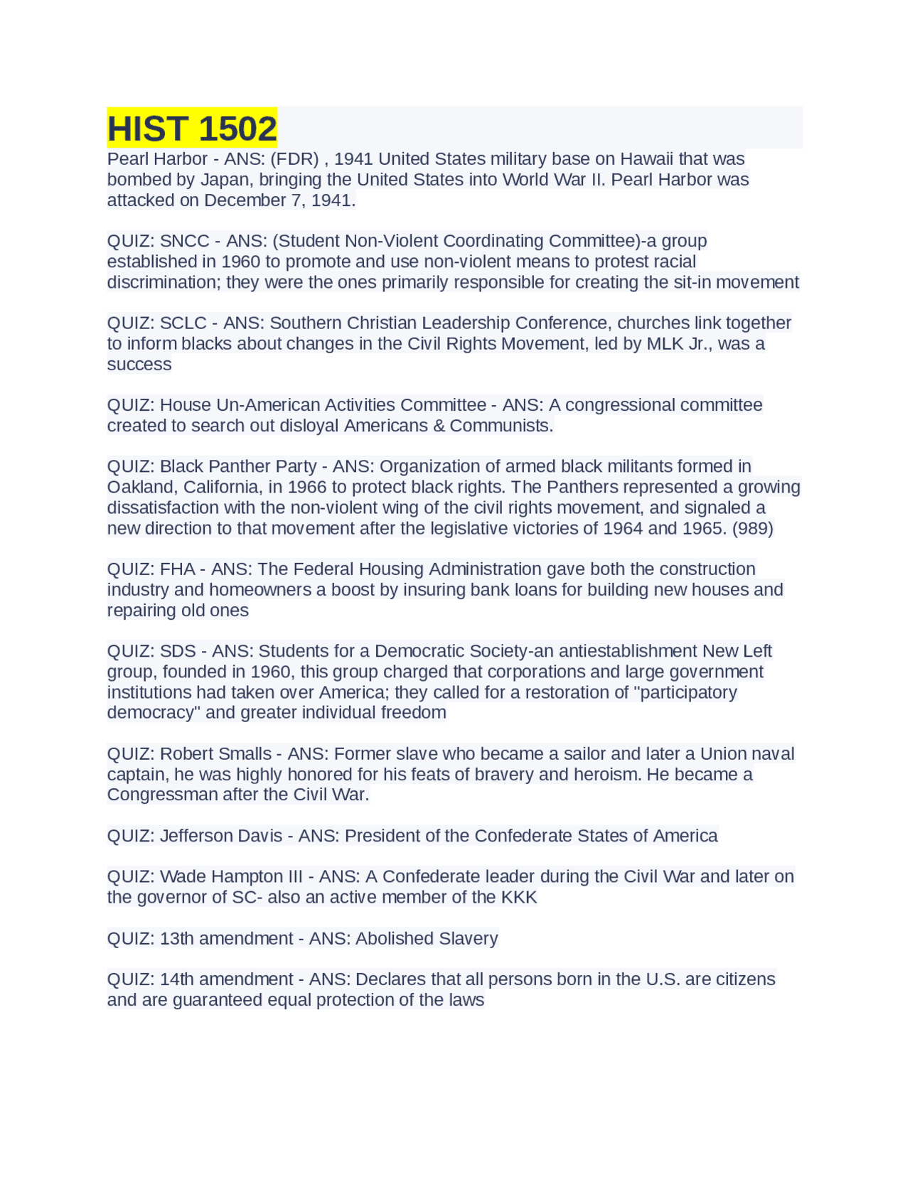 HIST 1502 HIST 1502HIST 1502 Pearl Harbor - ANS: (FDR) , 1941 United ...