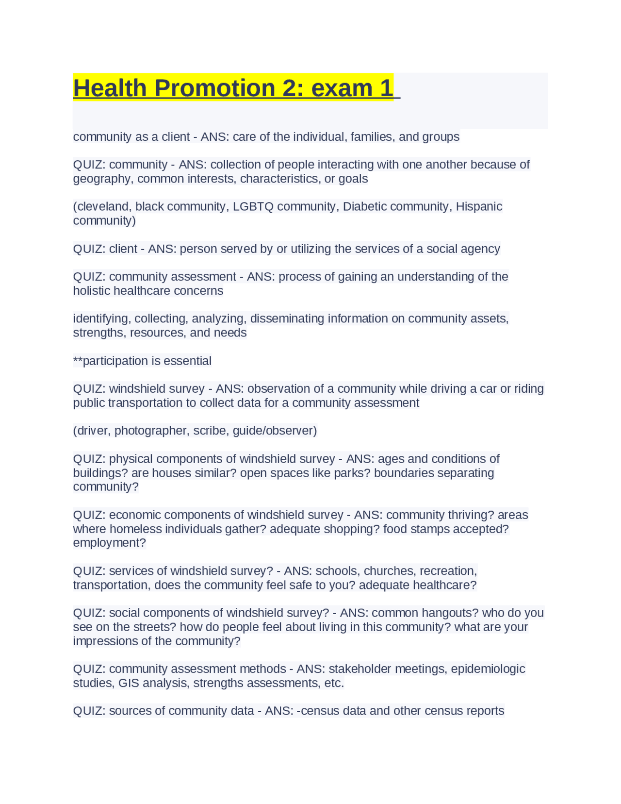 Health Promotion 2: exam 1 | Exams Nursing | Docsity