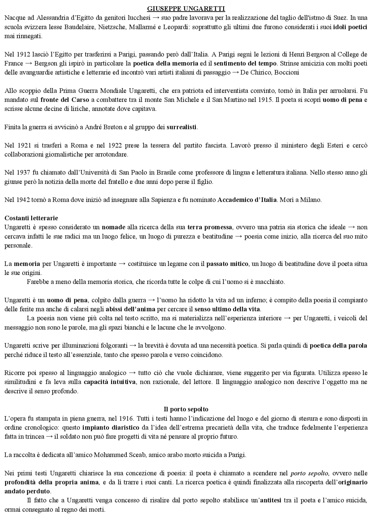 Giuseppe Ungaretti Vita E Opere Dispense Di Italiano Docsity