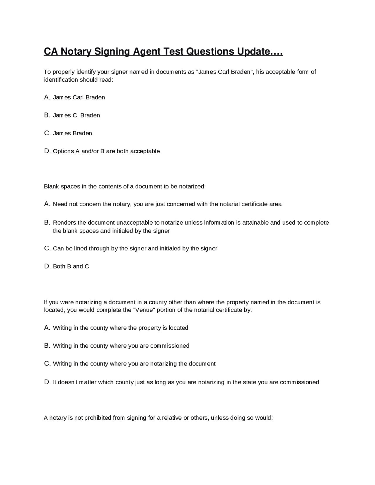 CA Notary Signing Agent Test Questions Update…. | Exams Nursing | Docsity