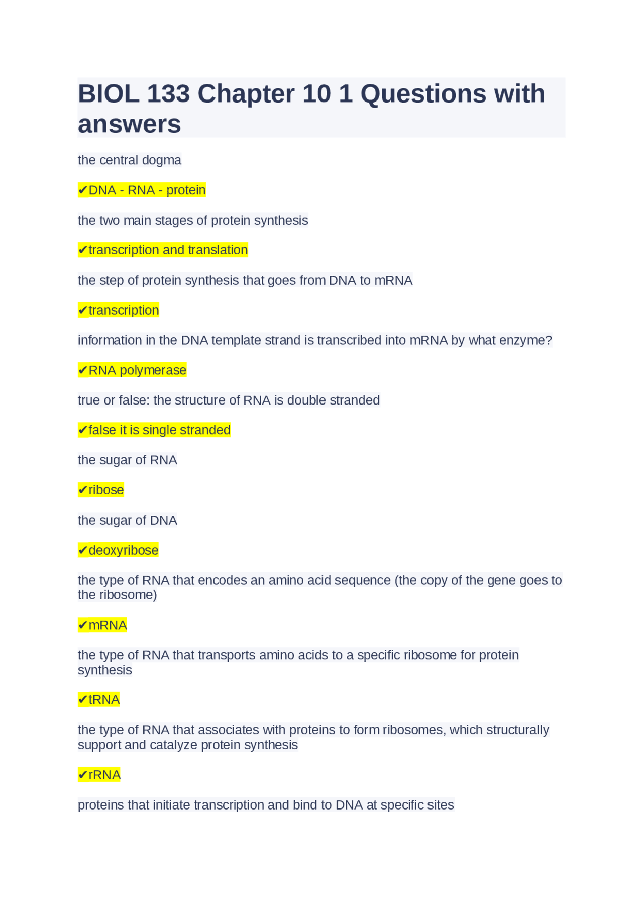 Biol 133 Chapter 10 1 Questions With Answers Exams Genetics Docsity