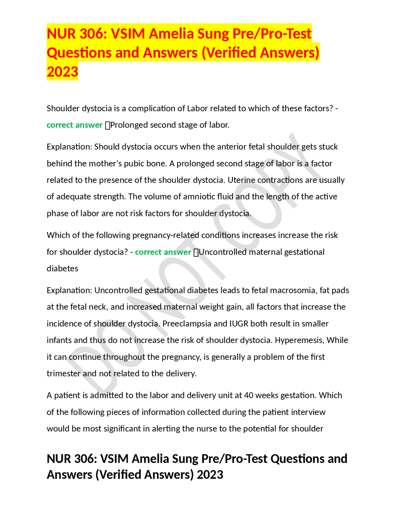 NUR 306: VSIM Amelia Sung Pre/Pro-Test Questions and Answers (Verified ...