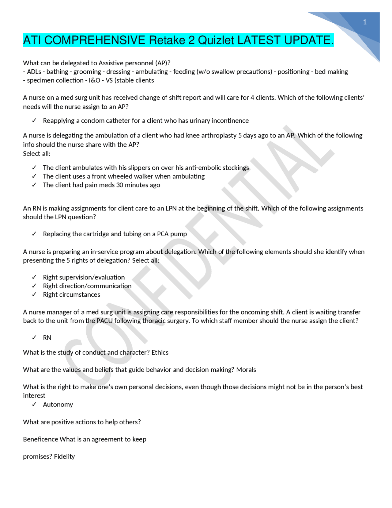 ATI COMPREHENSIVE Retake 2 Quizlet LATEST UPDATE. | Exams Nursing | Docsity