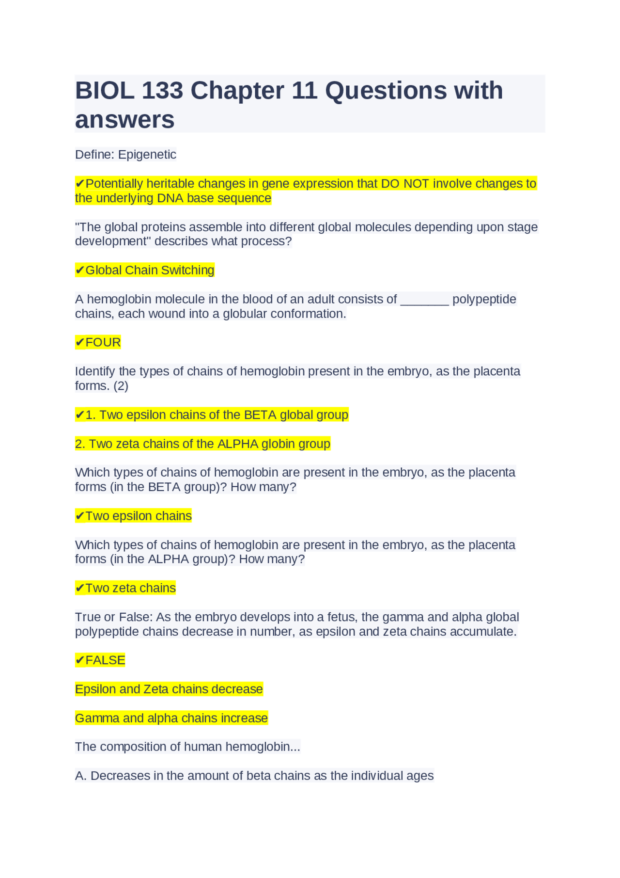 BIOL 133 Chapter 11 Questions with answers | Exams Genetics | Docsity