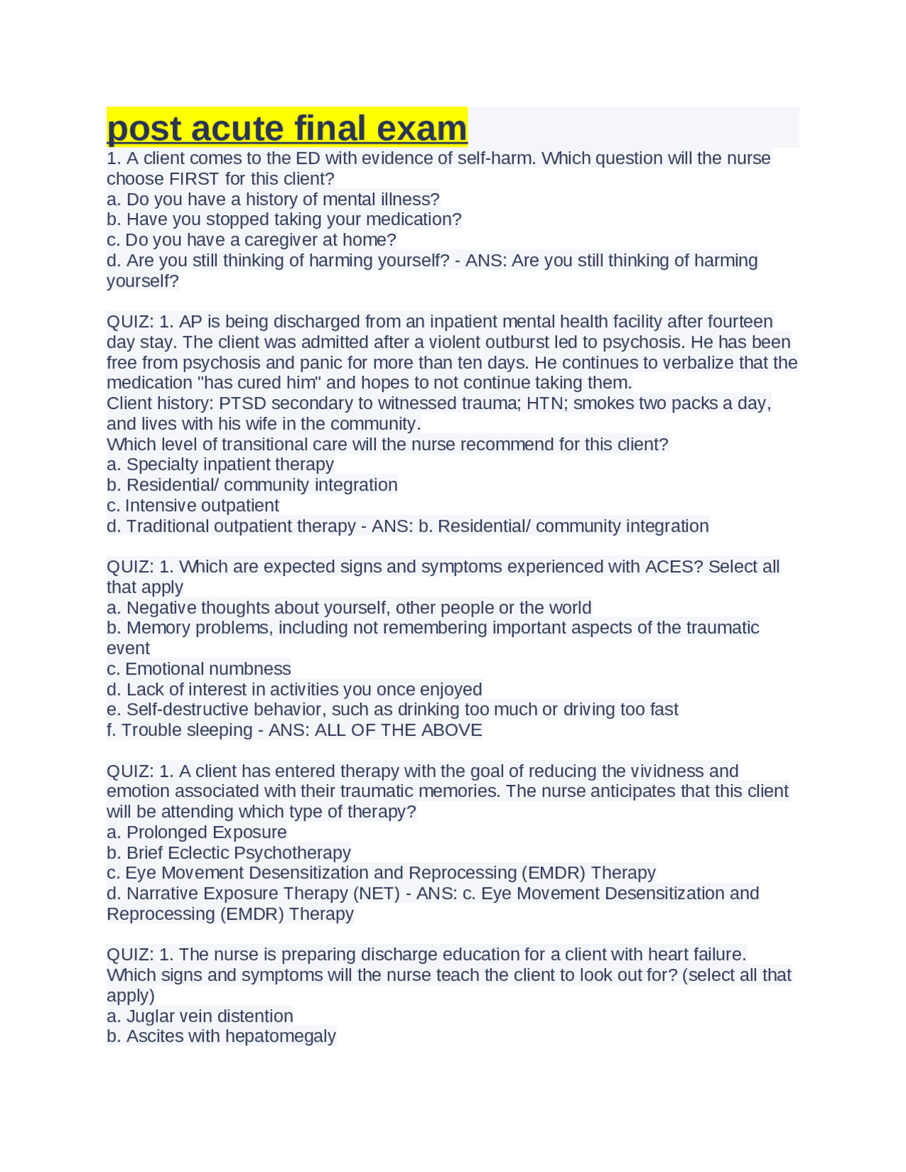 post acute final exam | Exams Nursing | Docsity