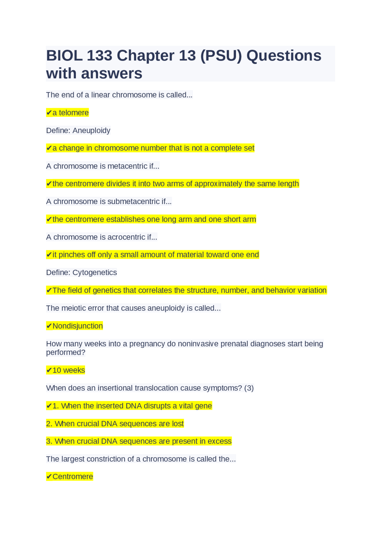 Biol 133 Chapter 13 Psu Questions With Answers Exams Genetics Docsity
