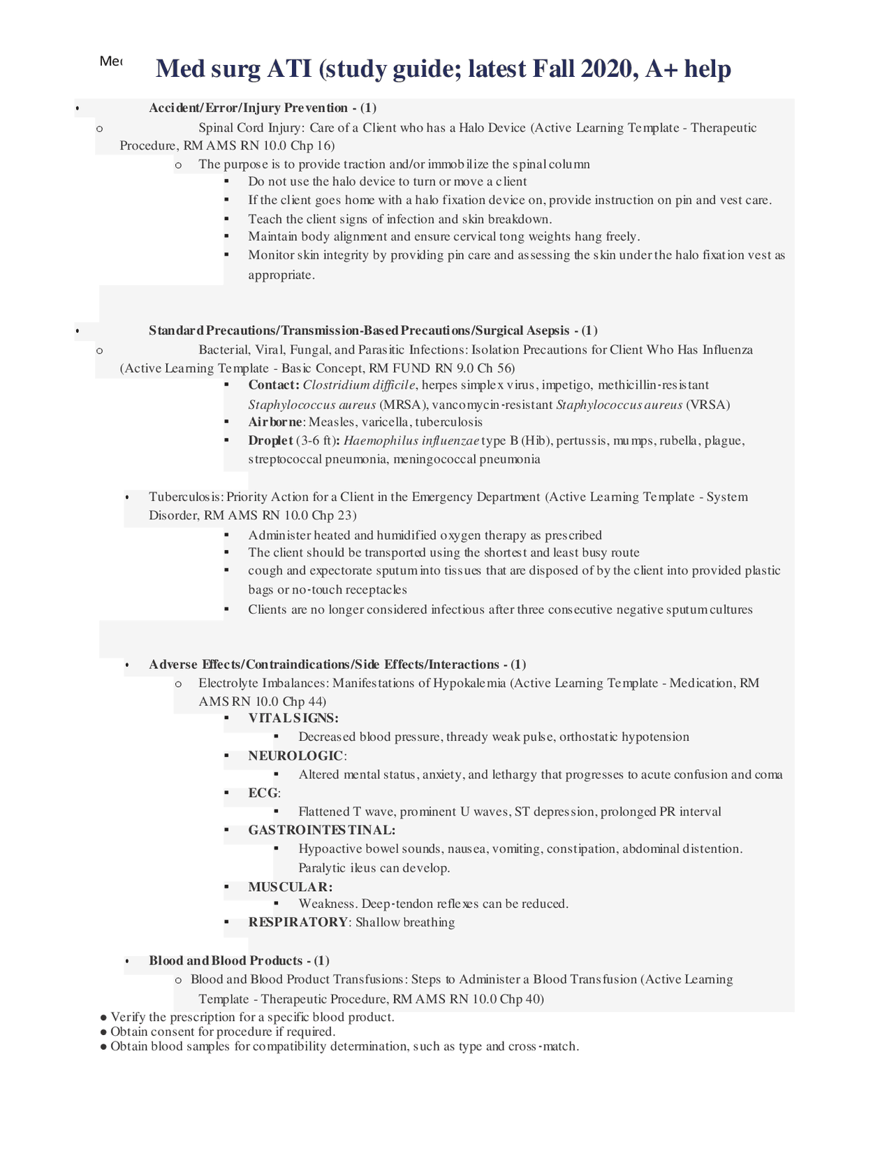 Med surg ATI (study guide; latest Fall 2020, A+ help | Exams Nursing ...