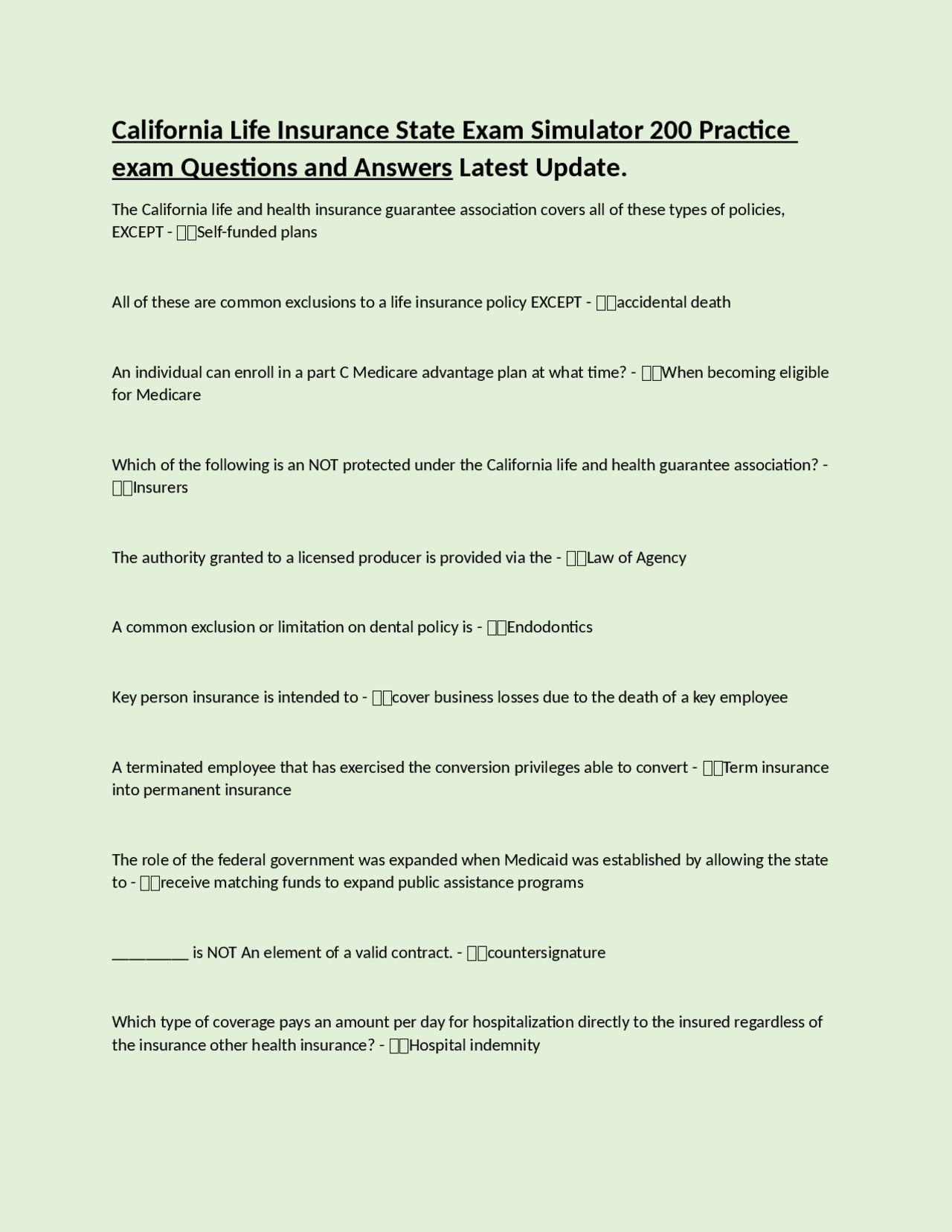 California Life Insurance State Exam Simulator 200 Practice exam ...