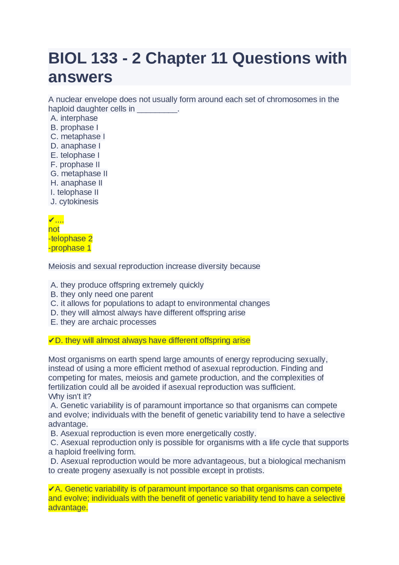 Biol 133 2 Chapter 11 Questions With Answers Exams Genetics Docsity