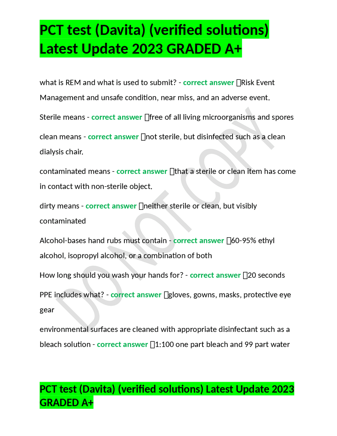 PCT test (Davita) (verified solutions) Latest Update 2023 GRADED A+ ...
