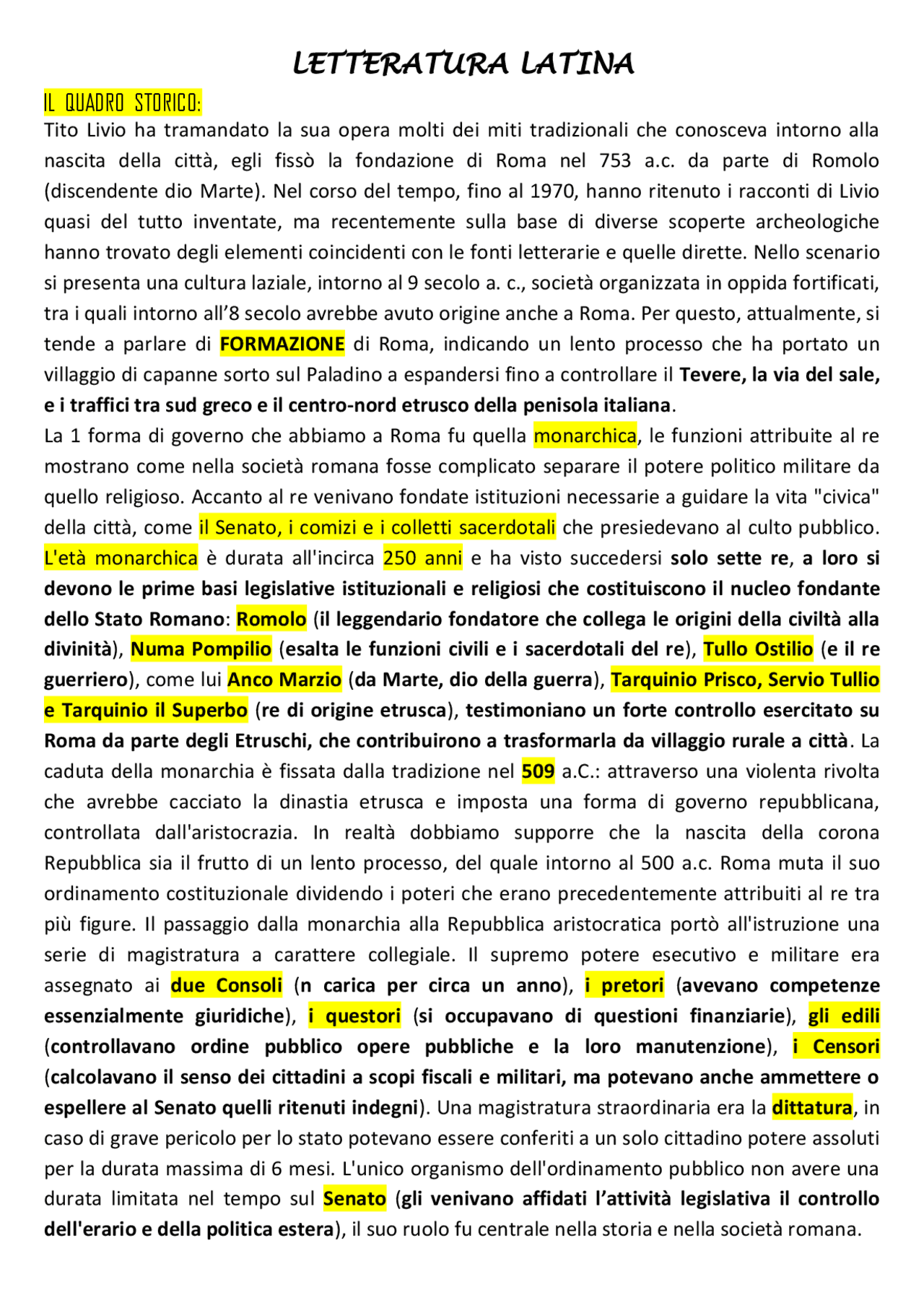 Letteratura Latina - quadro storico | Appunti di Latino | Docsity