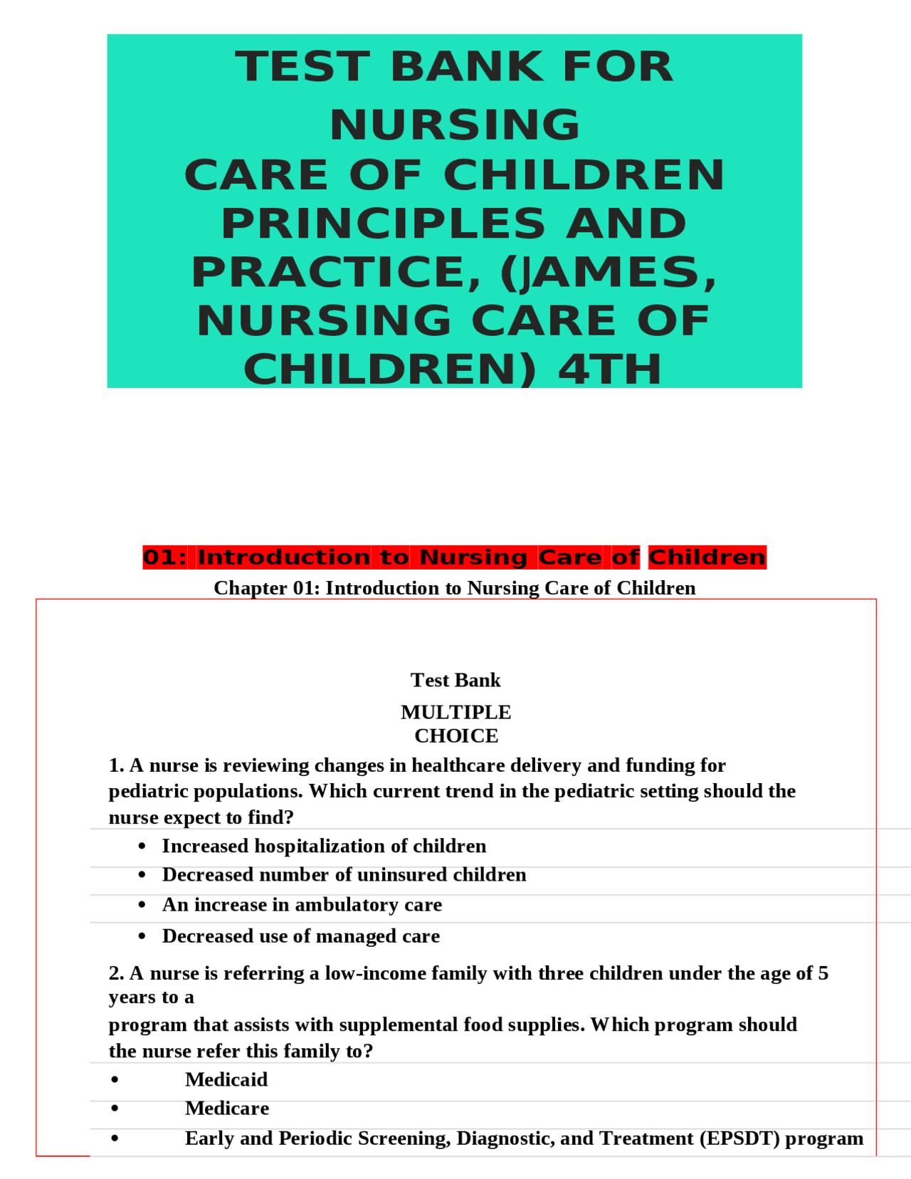 TEST BANK FOR NURSING CARE OF CHILDREN PRINCIPLES AND PRACTICE, (JAMES ...