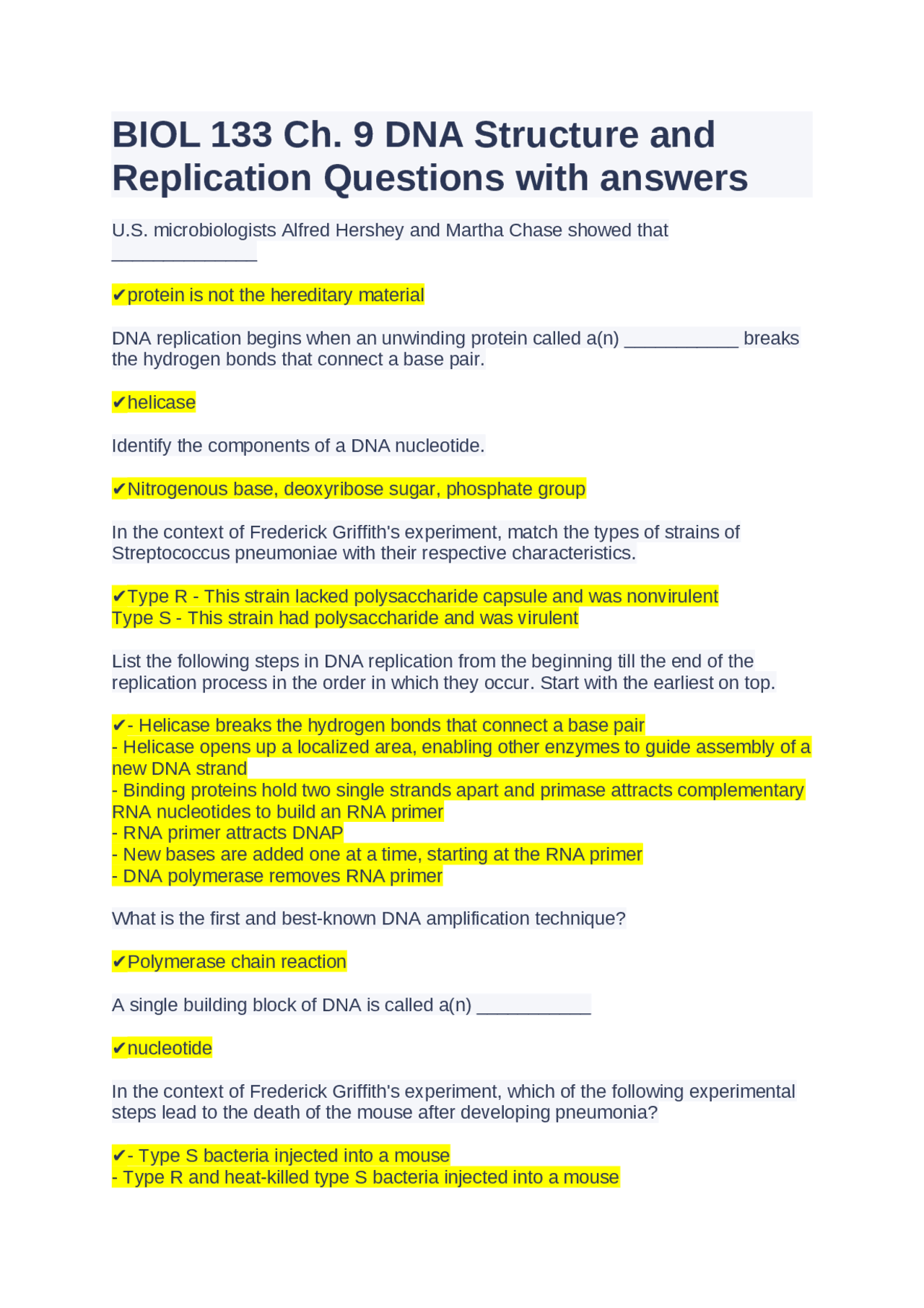 BIOL 133 Ch. 9 DNA Structure and Replication Questions with answers ...