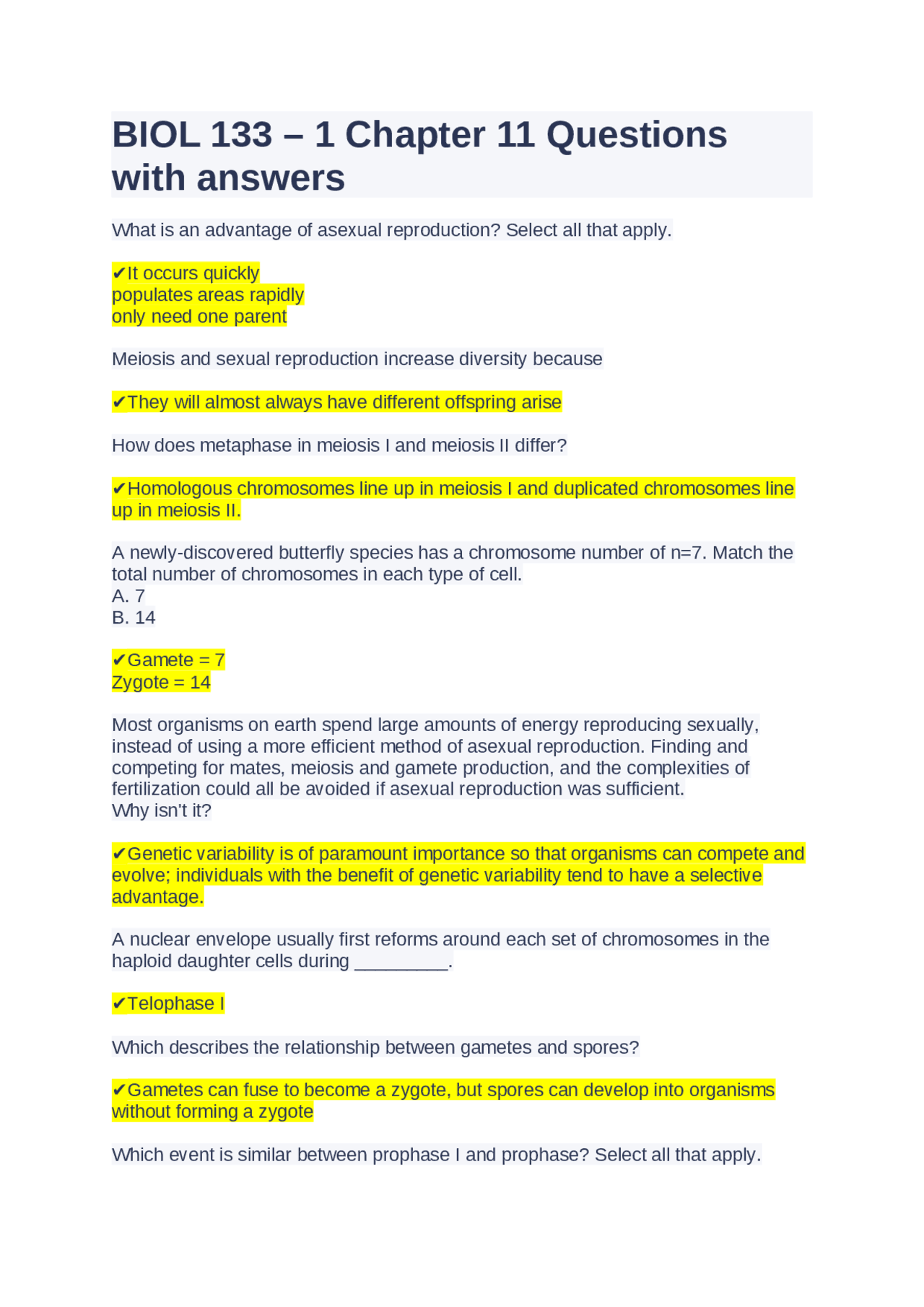 Biol 133 1 Chapter 11 Questions With Answers Exams Genetics Docsity