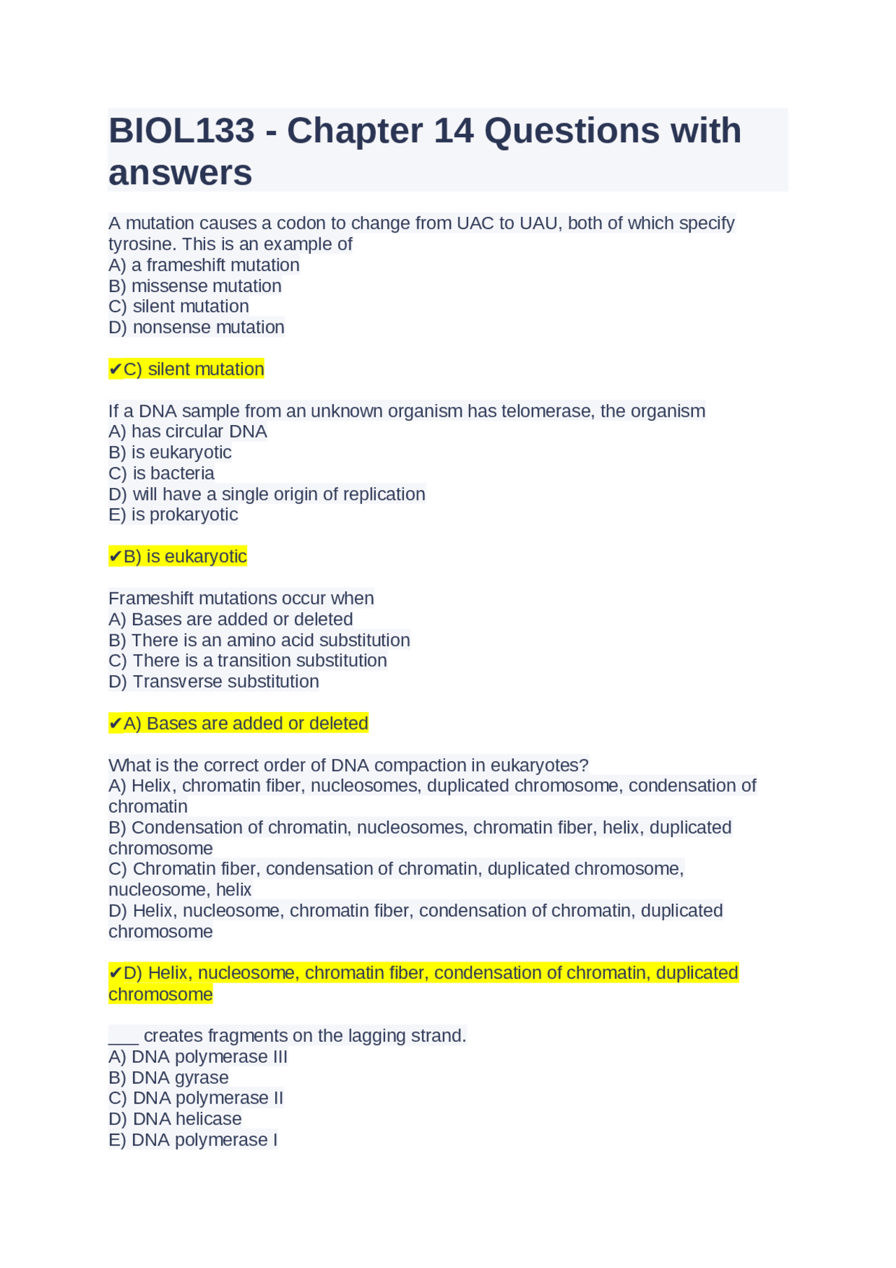 Biol133 Chapter 14 Questions With Answers Exams Genetics Docsity