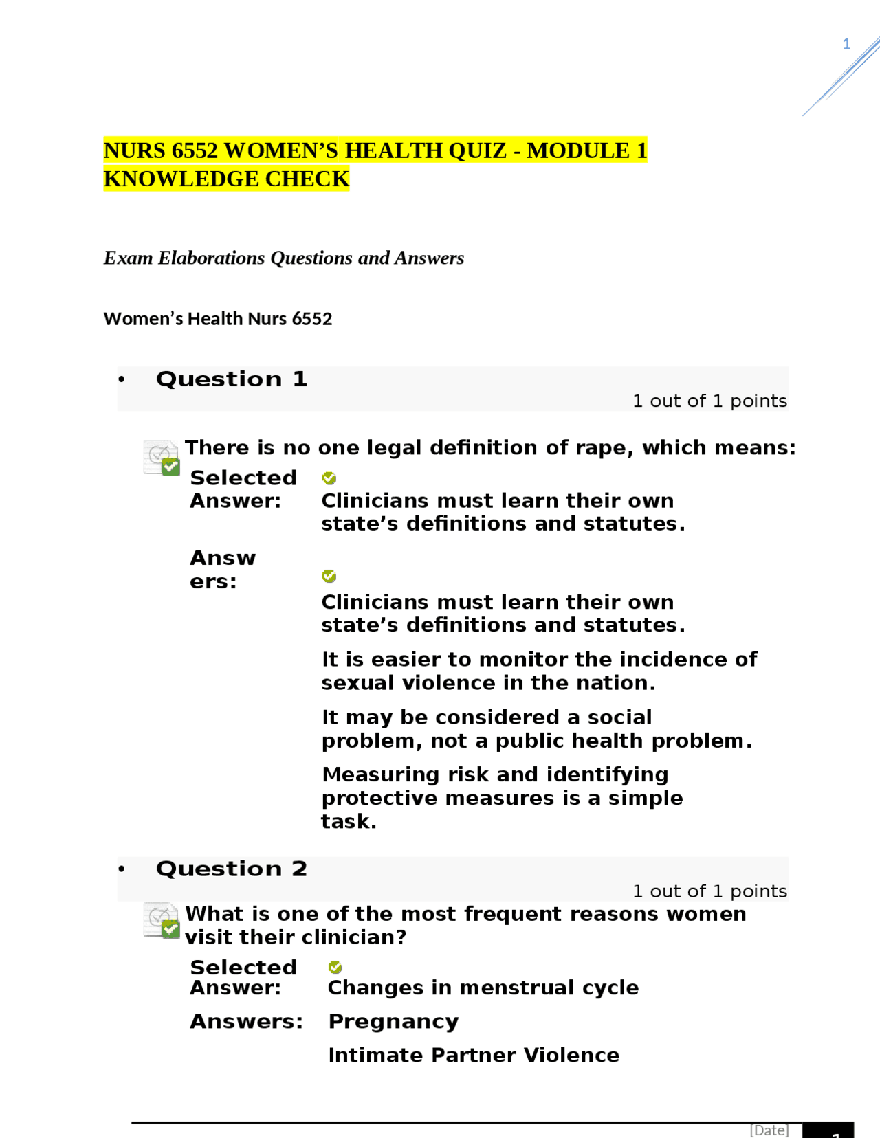 Nurs 6552 Womens Health Quiz Module 1 Knowledge Check Exams
