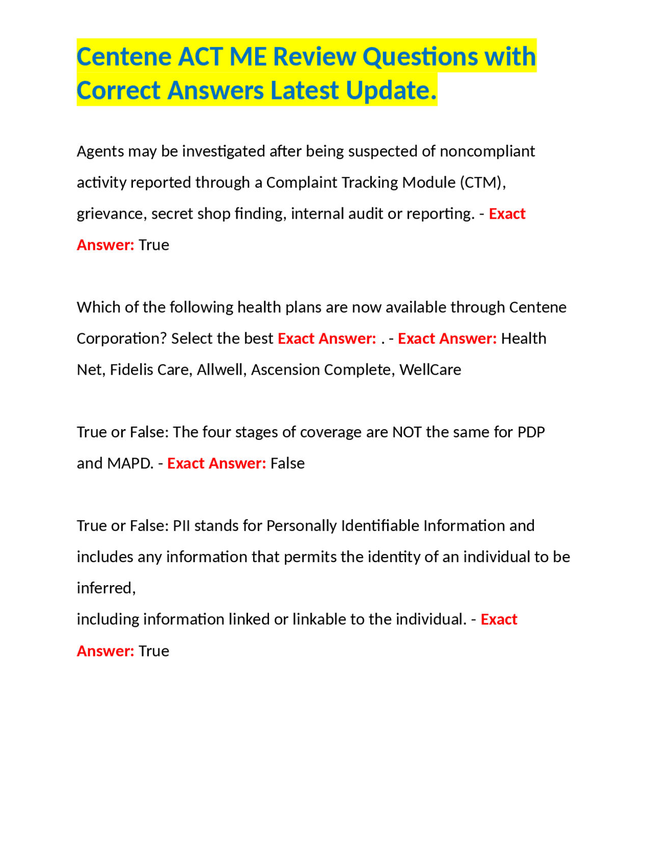 Centene ACT ME Review Questions with Correct Answers Latest Update ...