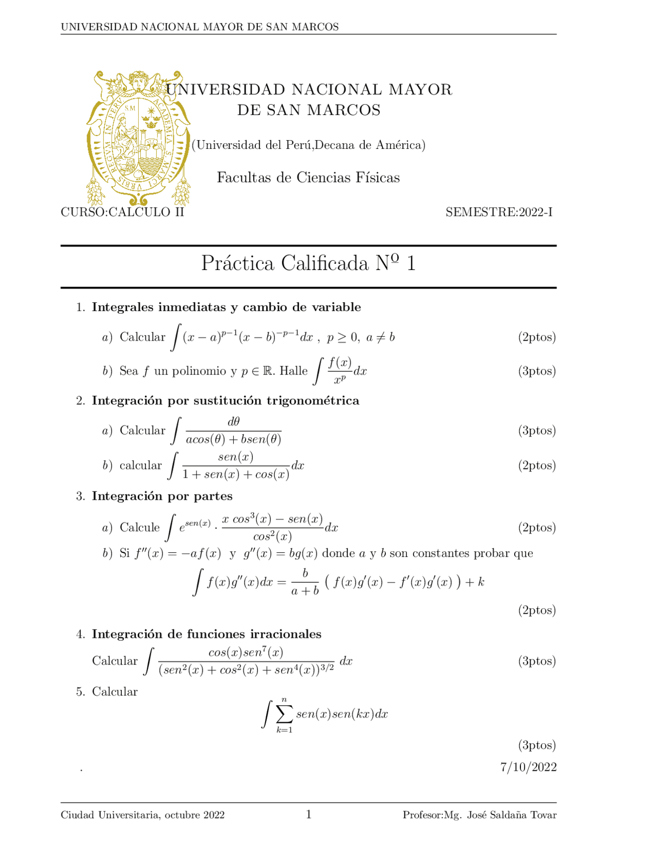 PRIMERA PRACTICA CALIFICADA CALCULO II | Exámenes de Cálculo | Docsity
