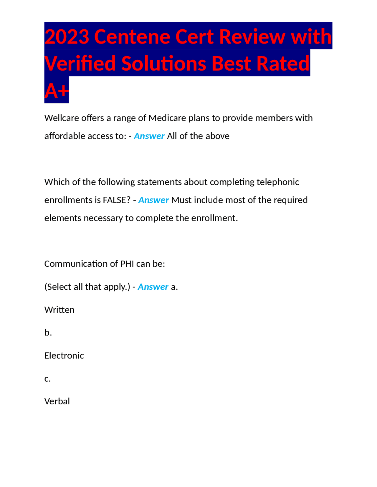 2023 Centene Cert Review with Verified Solutions Best Rated A+ | Exams ...