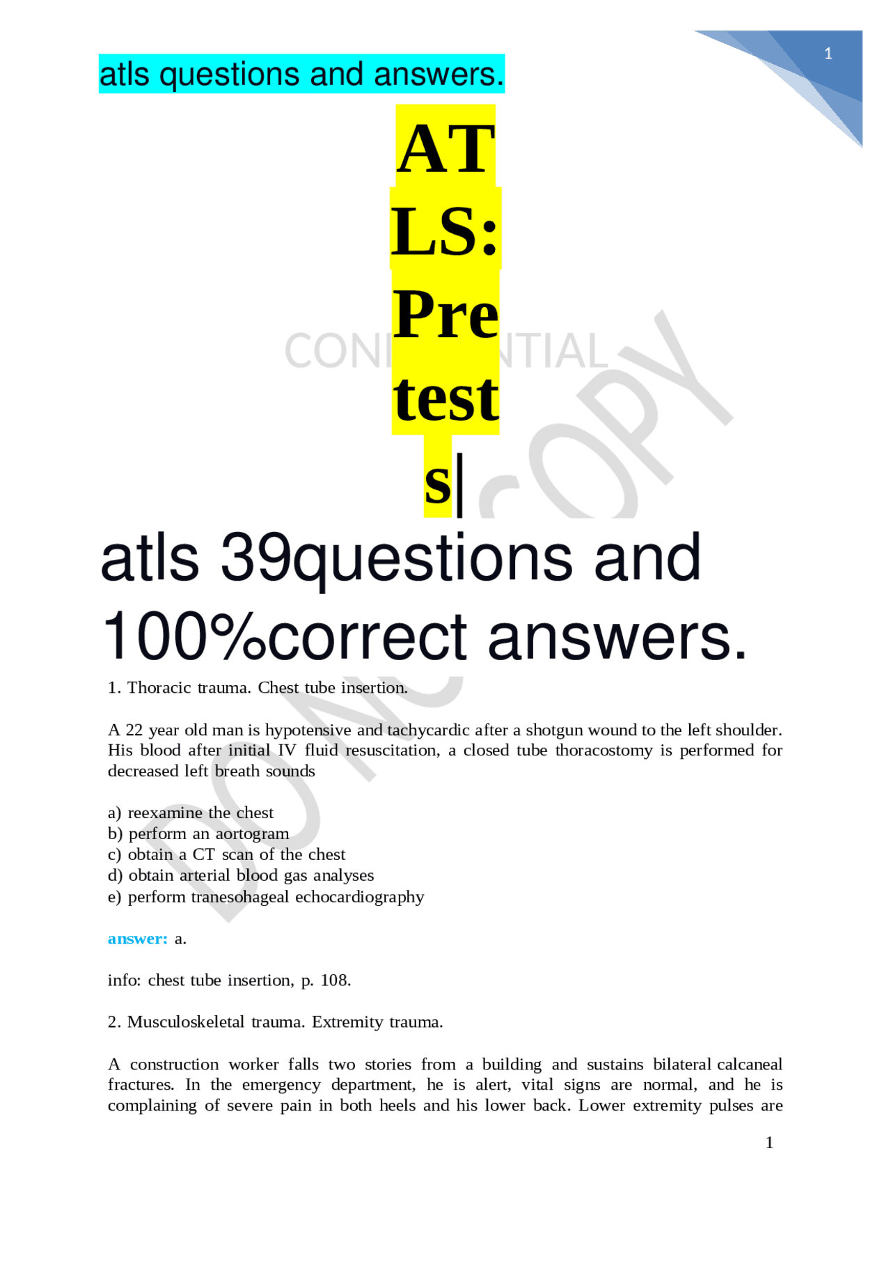 ATLS: Pretests| atls 39questions and 100%correct answers. | Exams ...