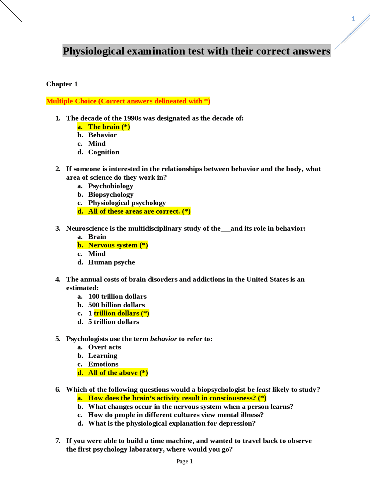 Physiological examination test with their correct answers | Exams ...
