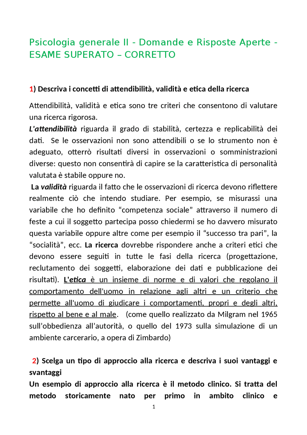Psicologia generale II - Domande e Risposte Aperte - ESAME SUPERATO - CORRETTO | Panieri di ...