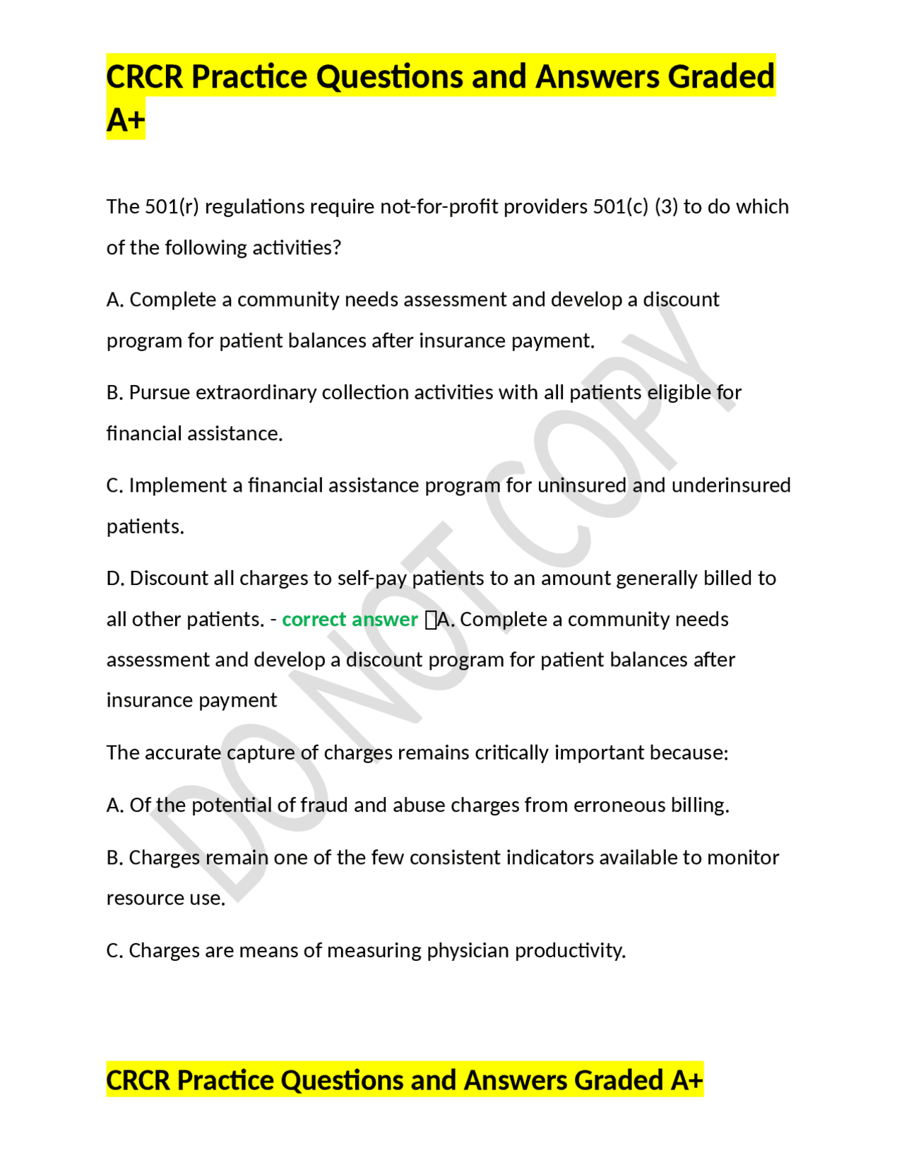 CRCR Practice Questions and Answers Graded A+ | Exams Nursing | Docsity