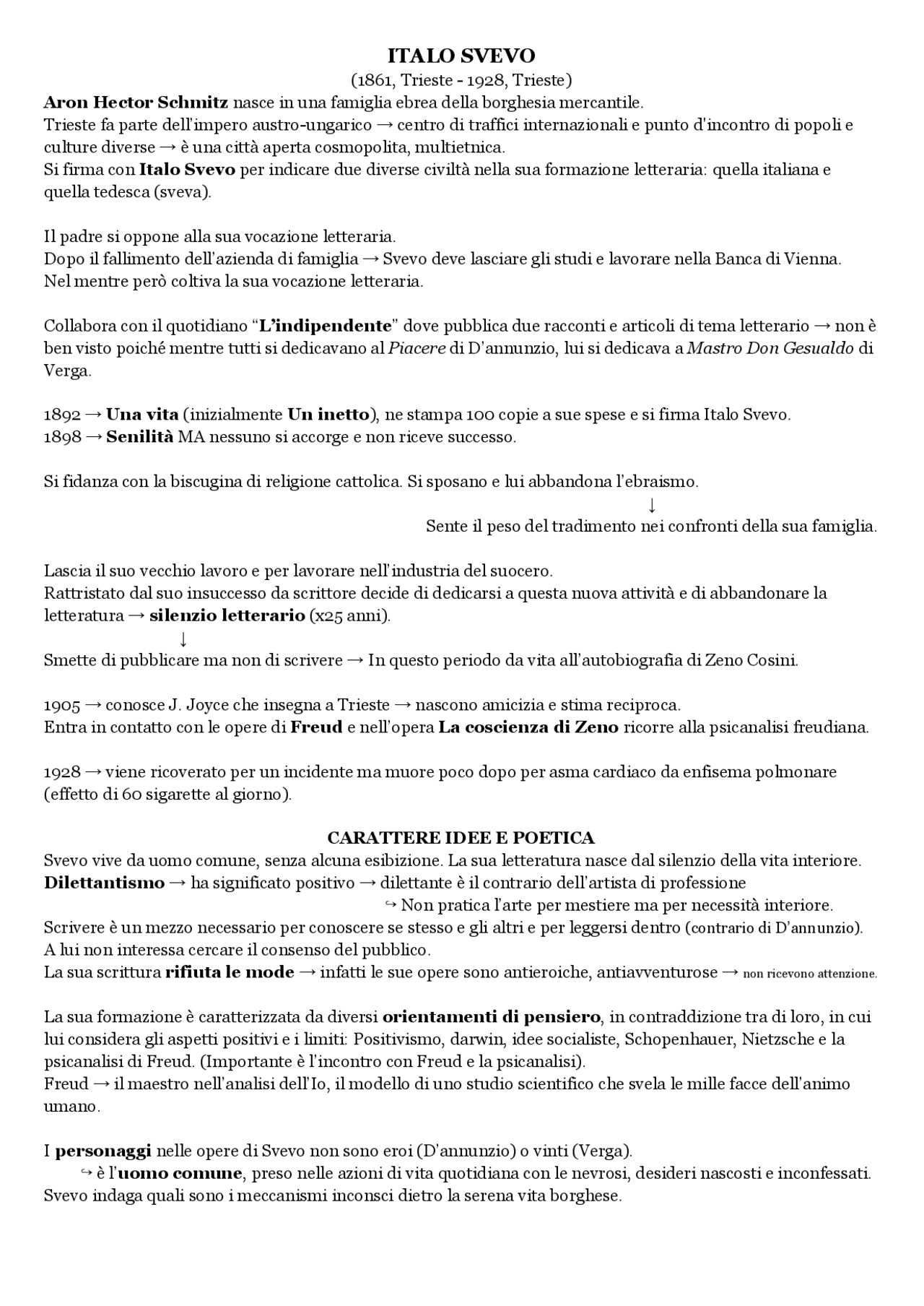 Italo Svevo - Vita, carattere idee e poetica e opere | Appunti di Italiano | Docsity