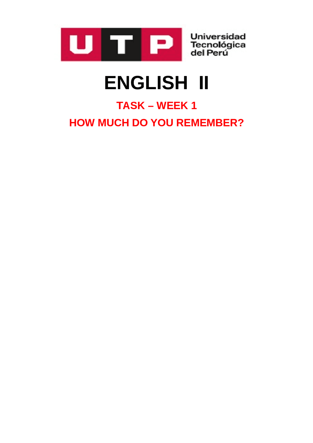 Week 1 English Utp 2023 Ejercicios De Idioma Inglés Docsity