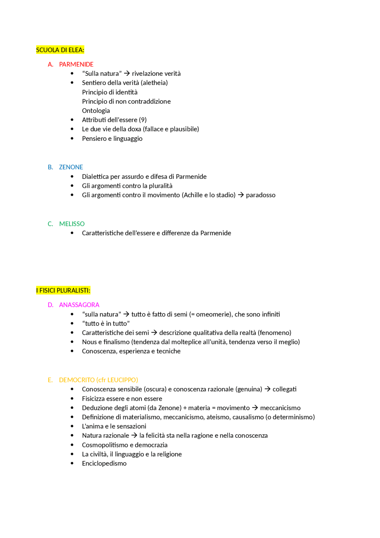 Scuola di elea, fisici pluralisti e sofisti | Schemi e mappe concettuali di Filosofia | Docsity