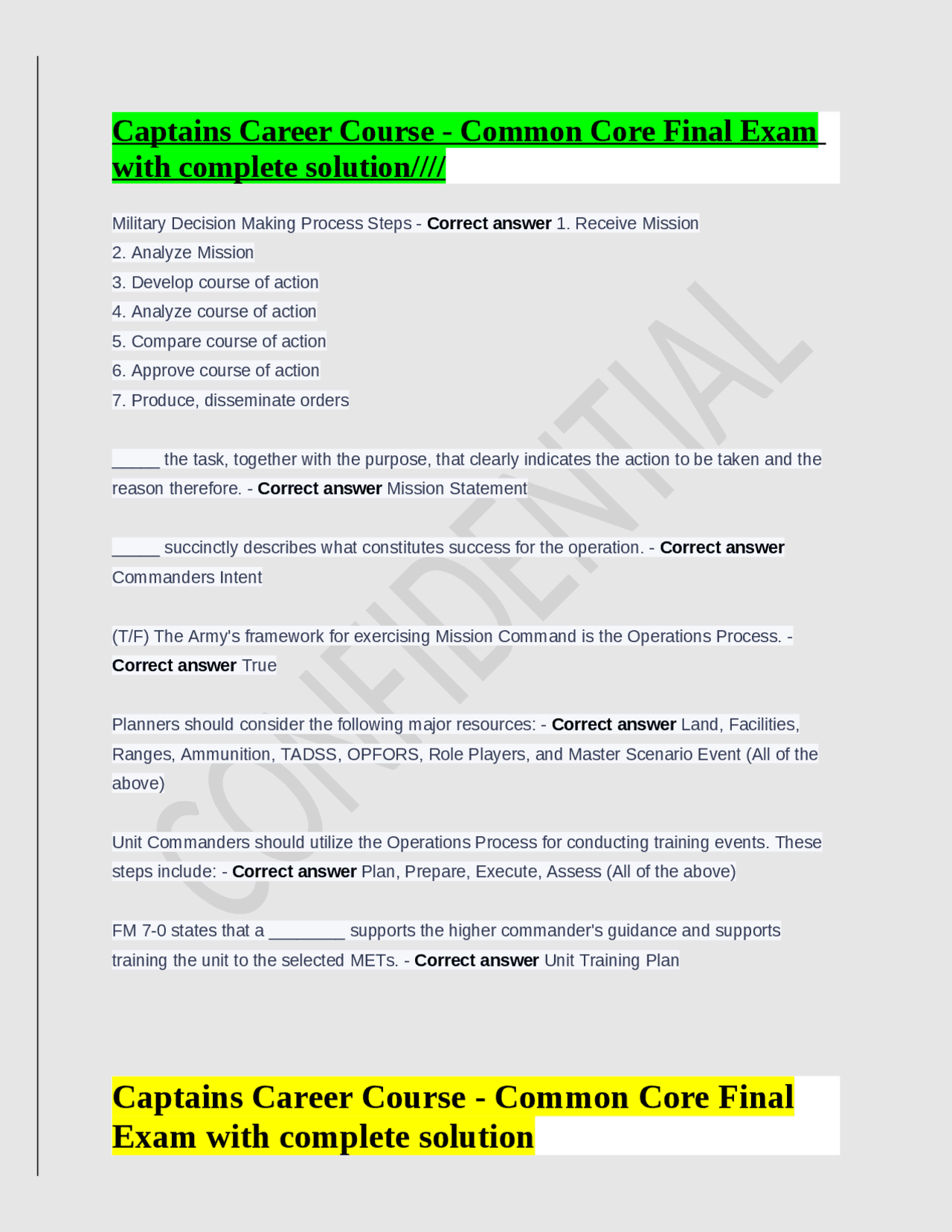 Captains Career Course Common Core Final Exam With Complete Solution