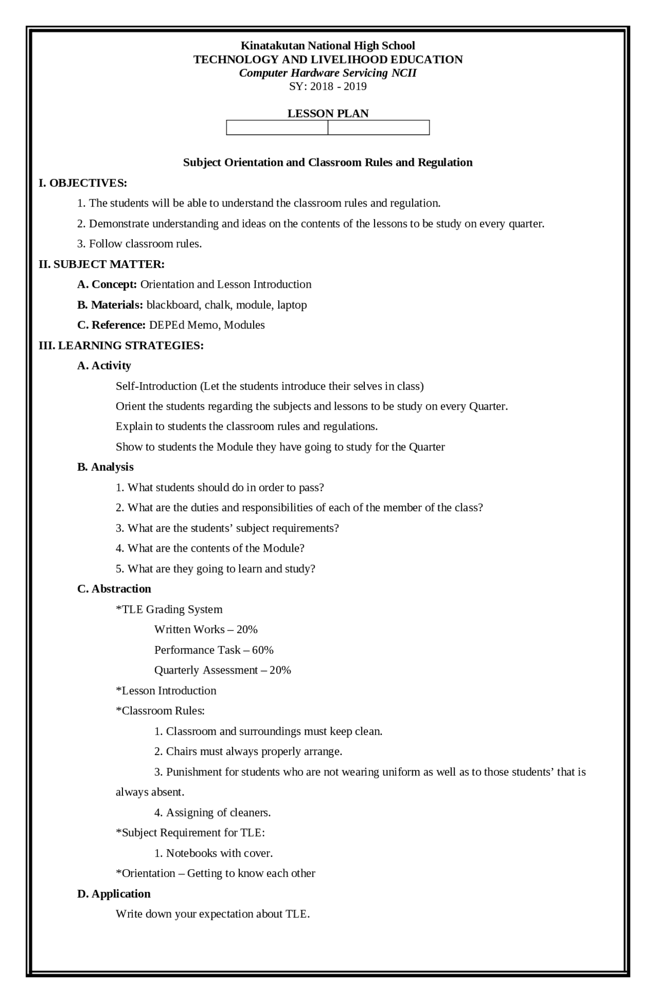 Computer Systems Servicing Lesson Plan Summaries Computer Science