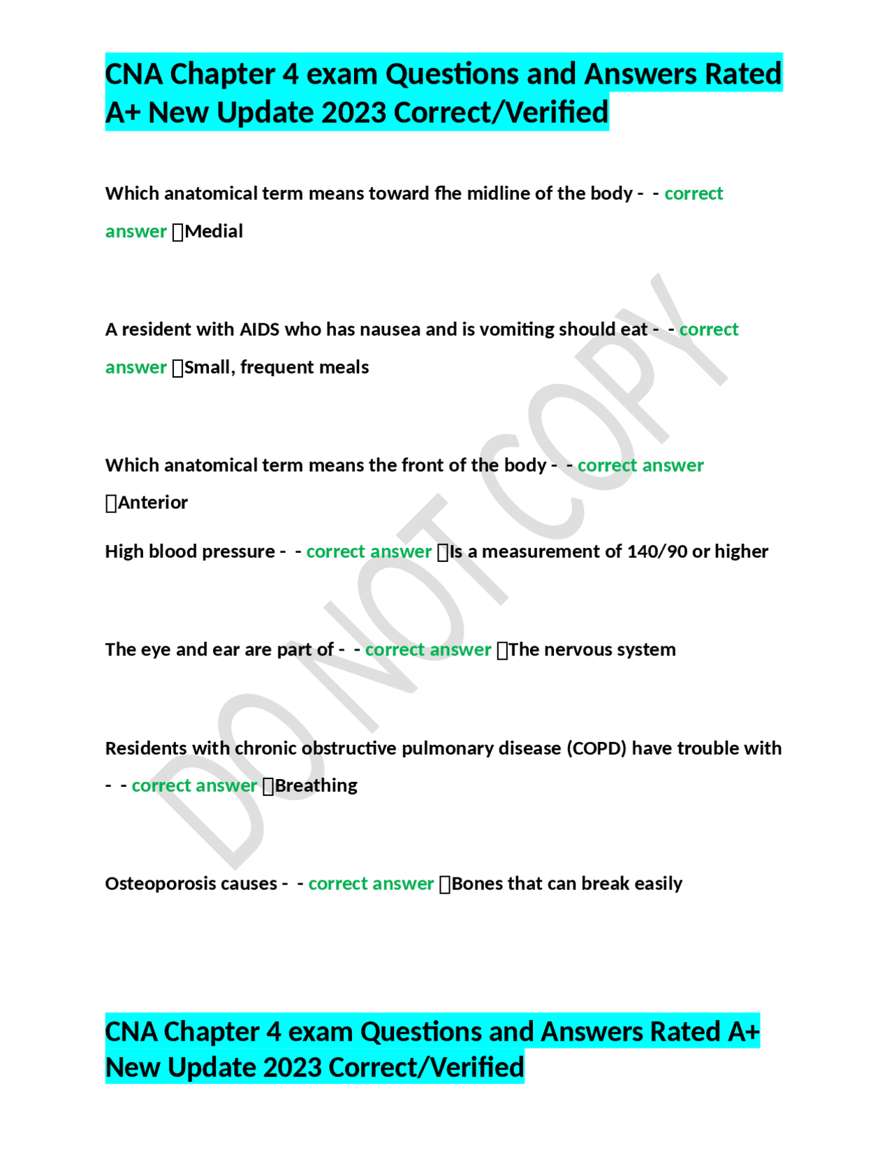 CNA Chapter 4 exam Questions and Answers Rated A+ New Update 2023 Correct/Verified | Exams ...