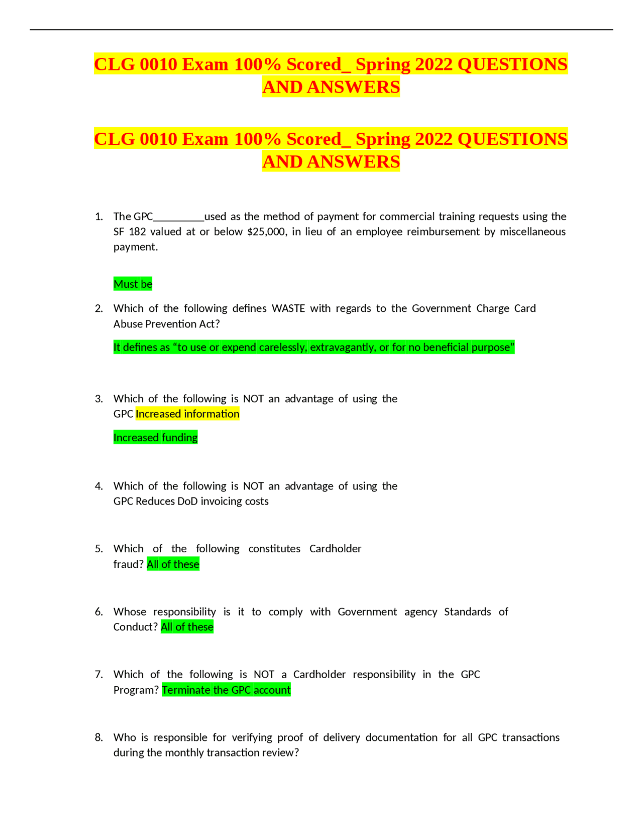 CLG 0010 Exam 100% Scored_ Spring 2022 QUESTIONS AND ANSWERS | Exams ...