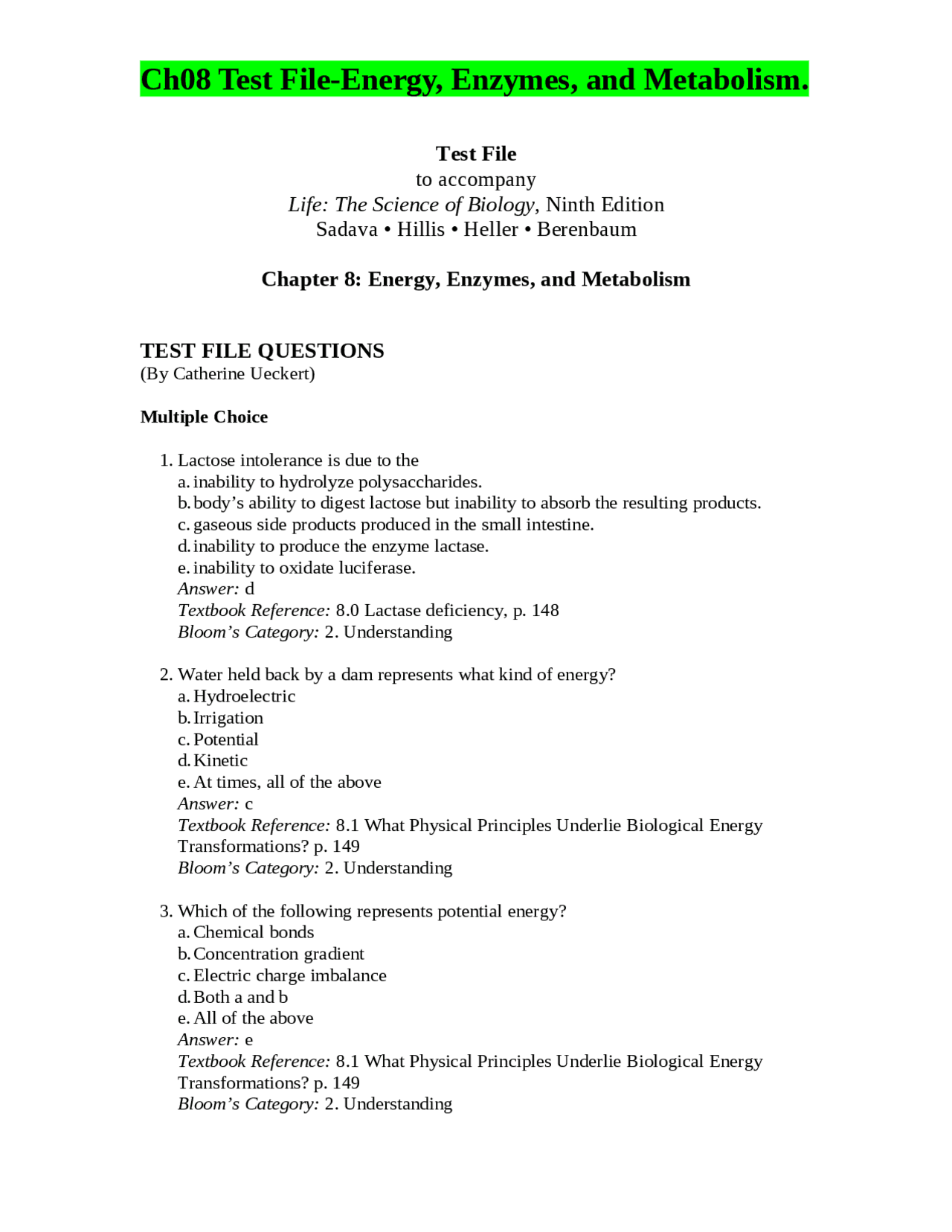 BIOLOGY 1 Ch08 Test File-Energy, Enzymes, and Metabolism. | Exams ...