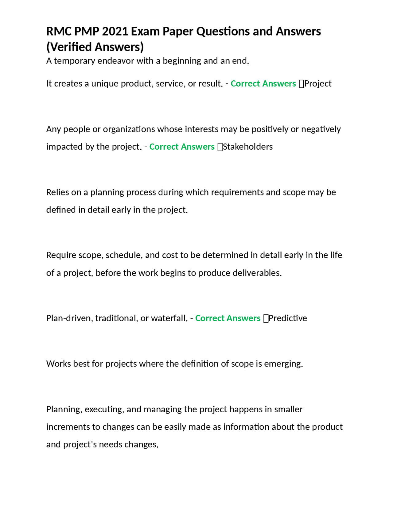 RMC PMP 2021 Exam Paper Questions and Answers (Verified Answers ...