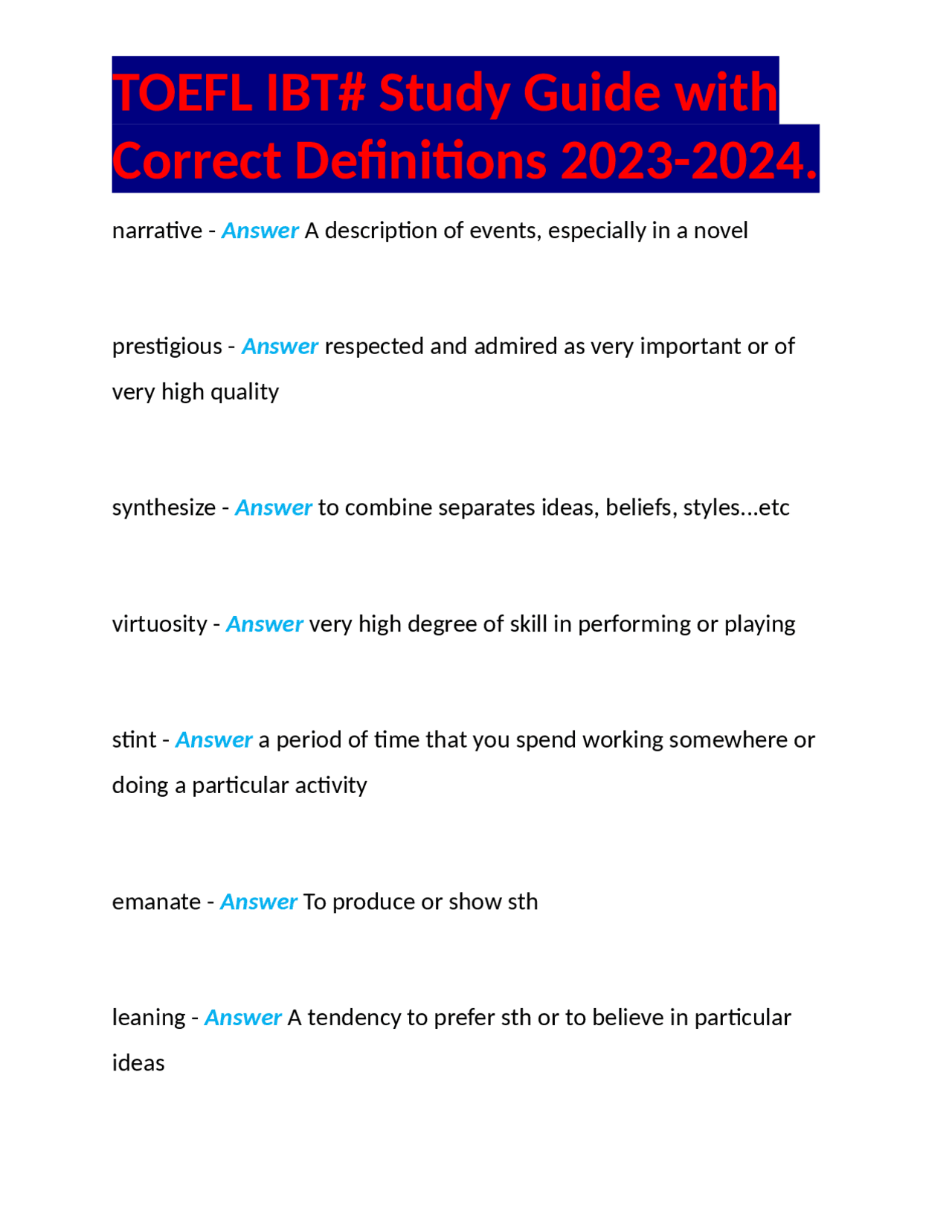TOEFL IBT# Study Guide with Correct Definitions 2023-2024. | Exams ...