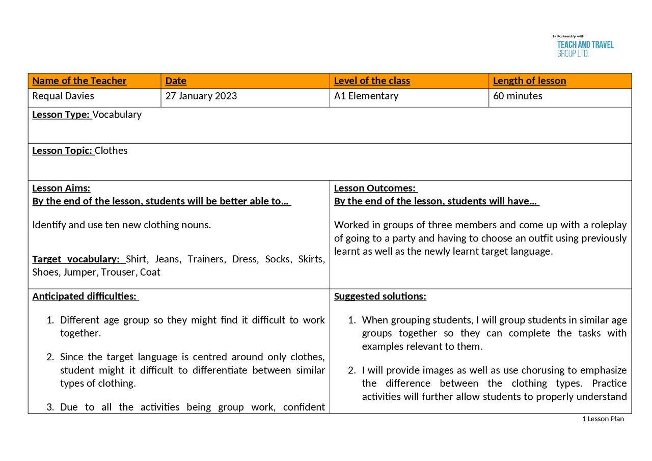 The vocabulary lesson plan assignment for elementary students ...