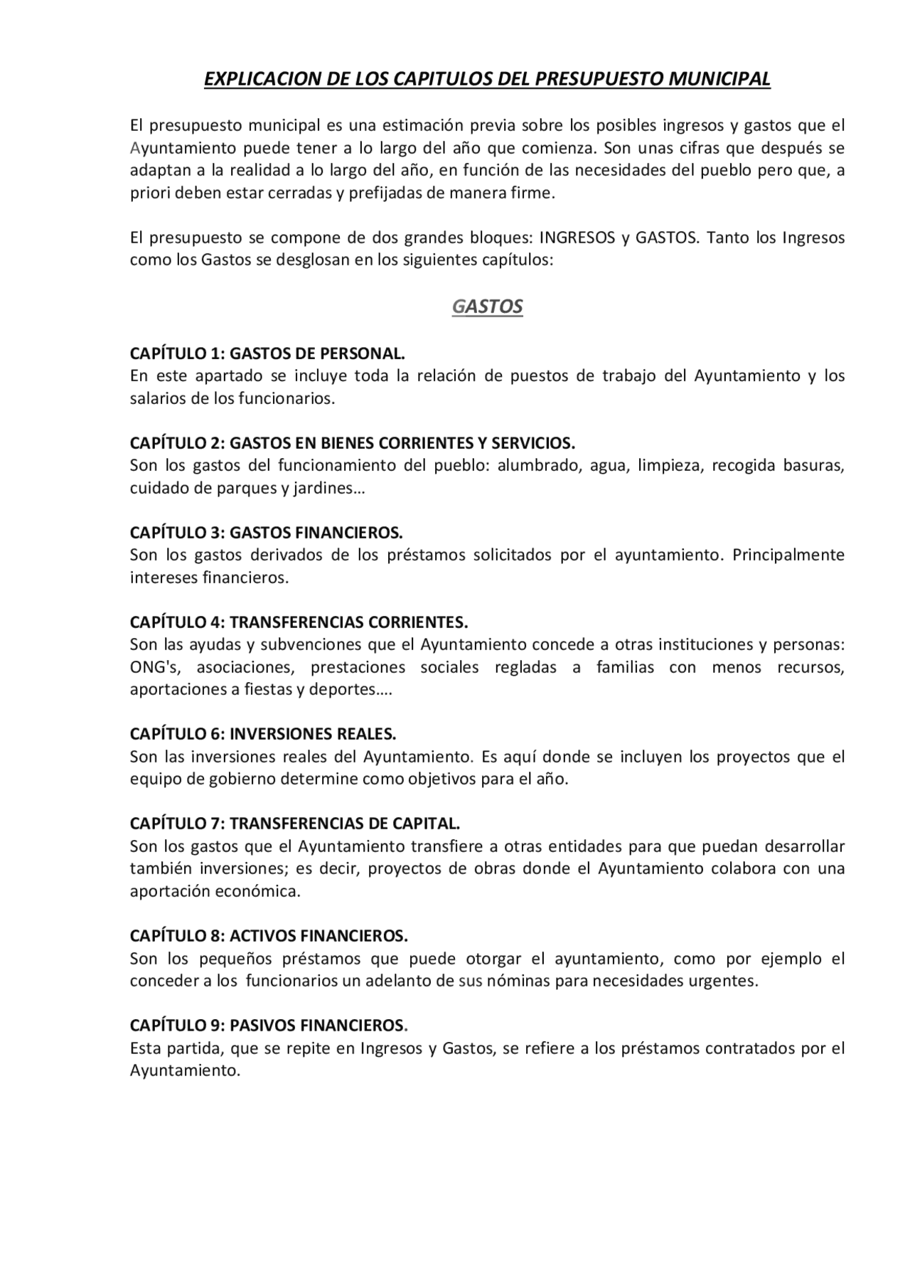 EXPLICACION DE LOS CAPITULOS DEL PRESUPUESTO | Ejercicios de Economía | Docsity