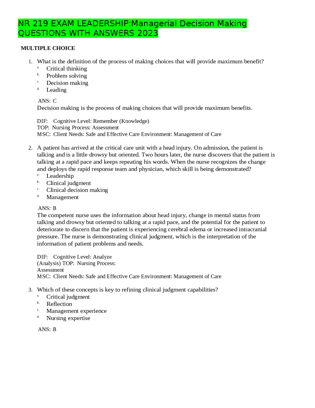 NR 219 EXAM LEADERSHIP:Managerial Decision Making QUESTIONS WITH ...