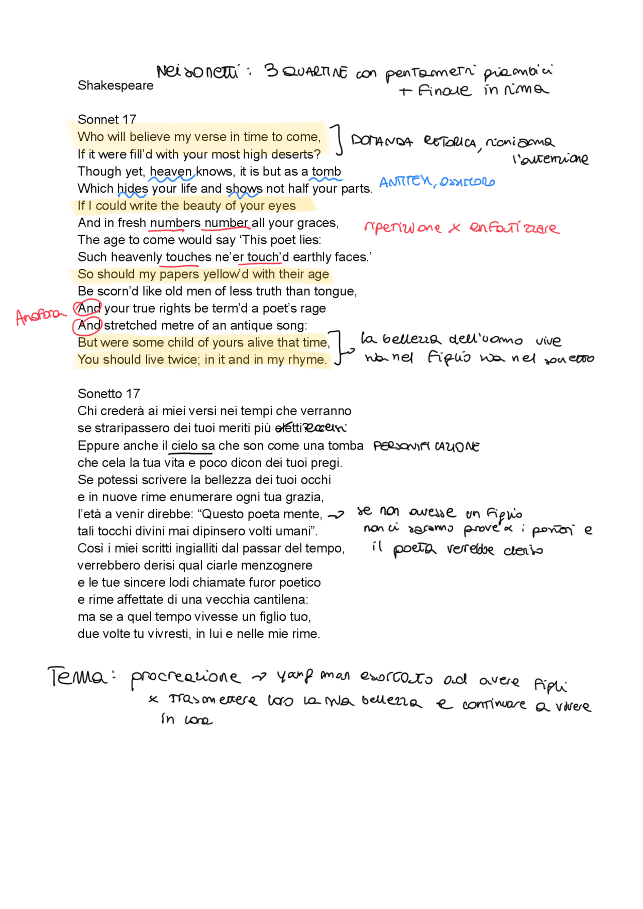 Traduzione Sonetto Shakespeare Slide Di Inglese Docsity