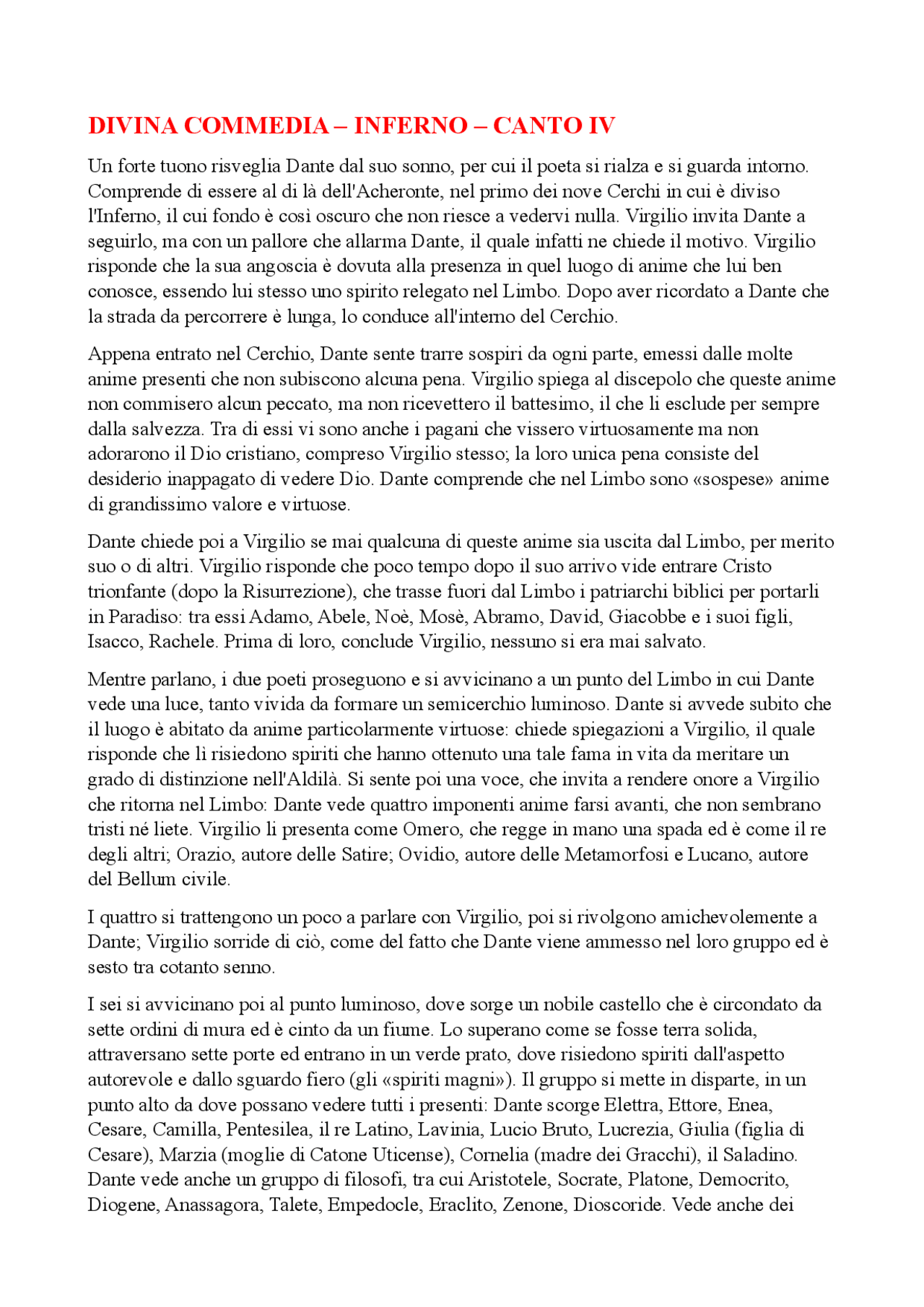 Inferno - Canto IV - Riassunto | Schemi e mappe concettuali di Italiano ...
