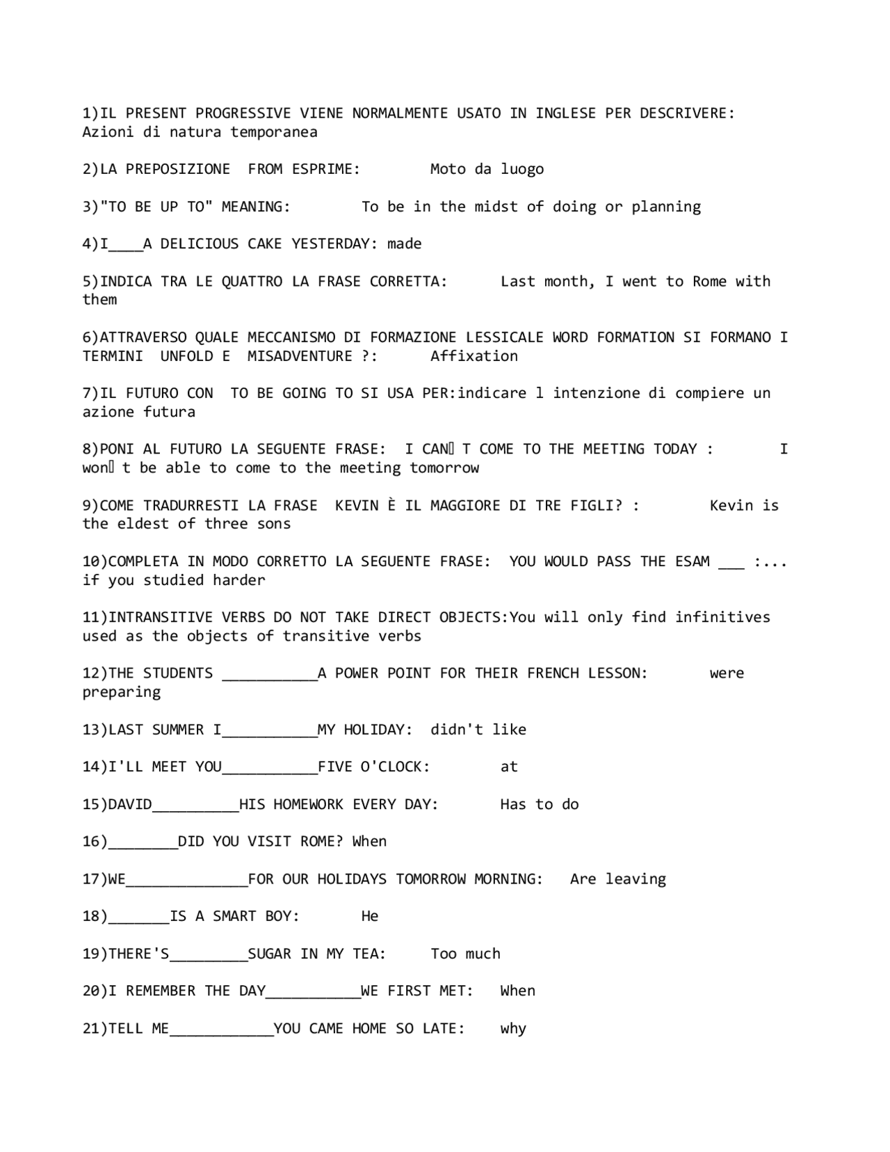 set domande d'esame inglese | Prove d'esame di Lingua Inglese | Docsity