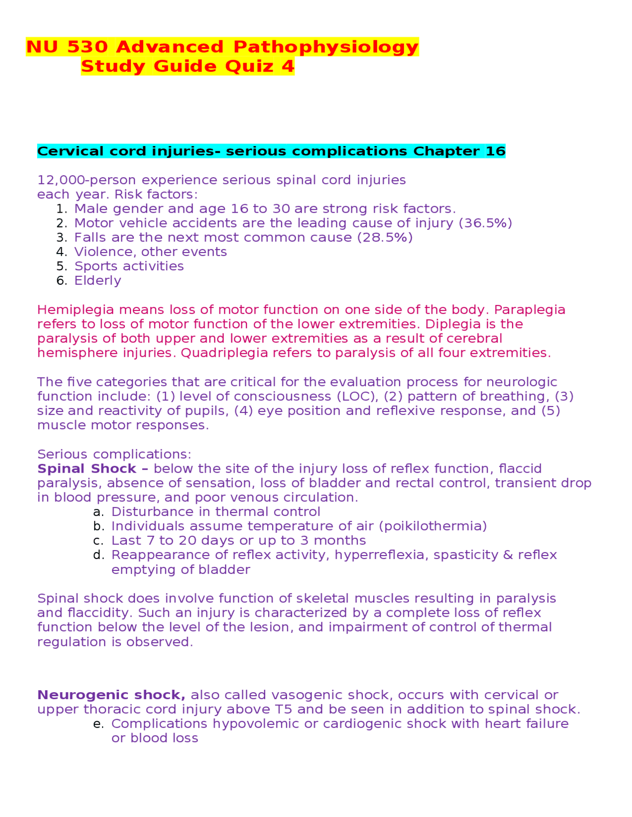 NU 530 Advanced Pathophysiology Study Guide Quiz 4 | Exams Nursing ...